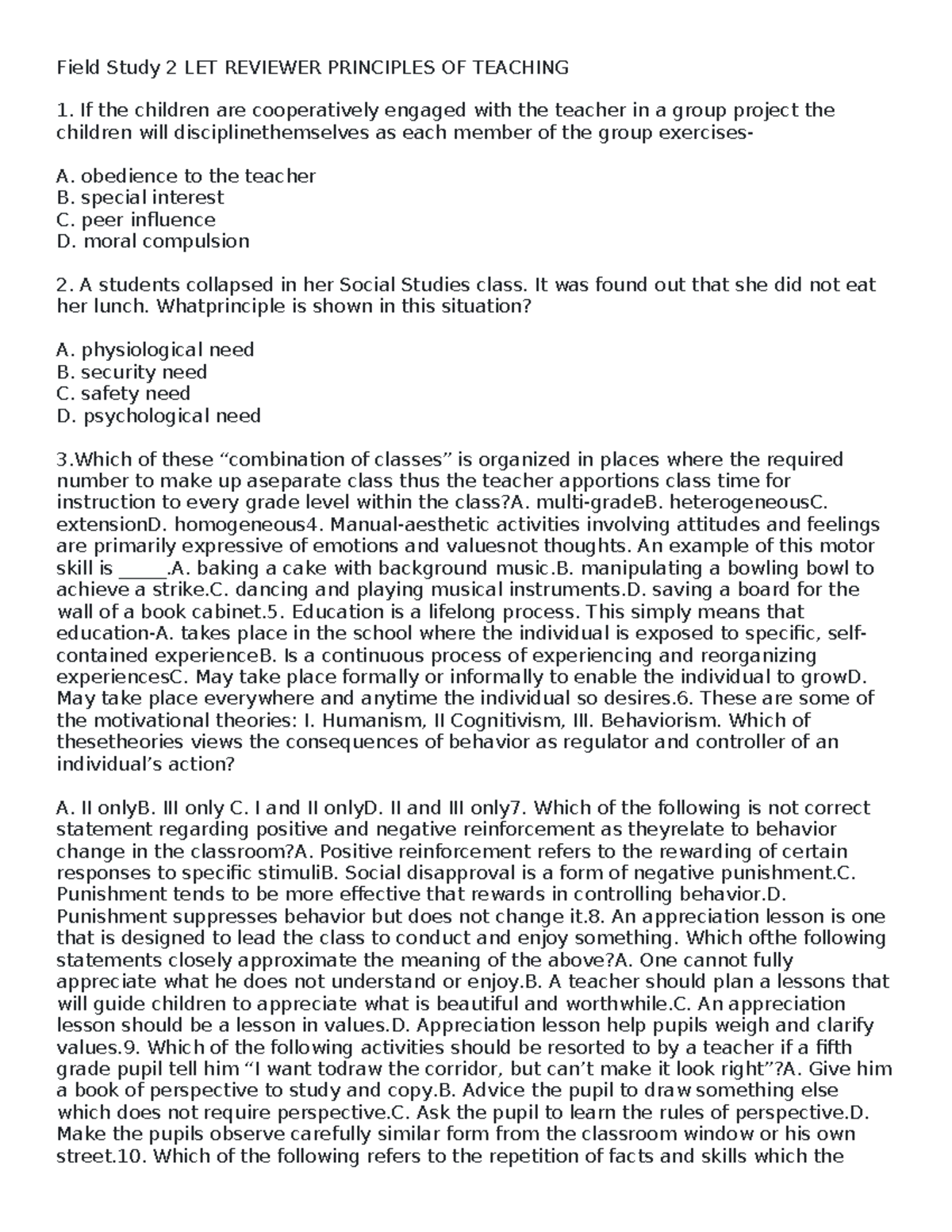 Revised Title: Field Study 2 LET Reviewer: Principles of Teaching ...