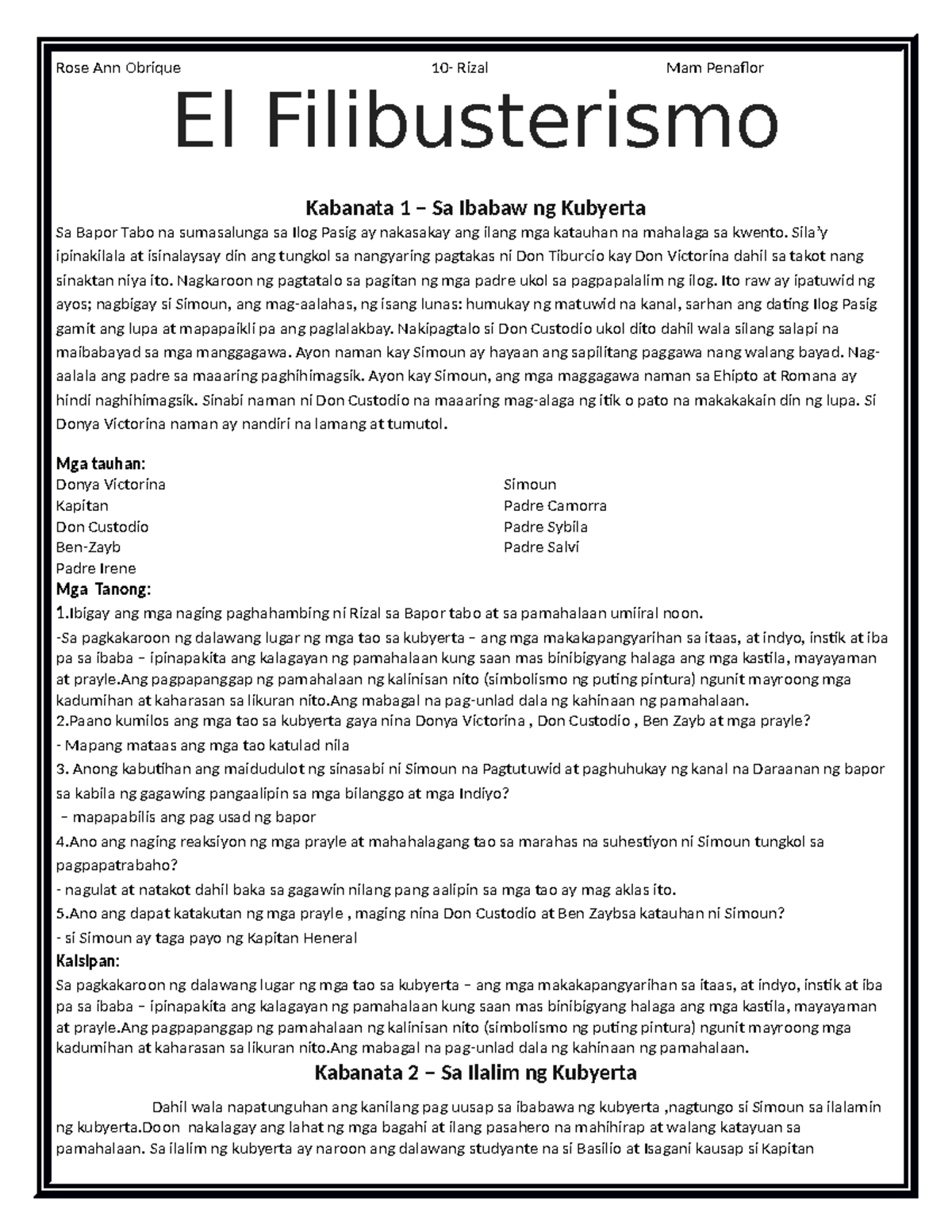 Kabanata 1 - Sa Ibabaw ng Kubyerta: Isang Pagsusuri sa "El Filibusterismo" - Studocu