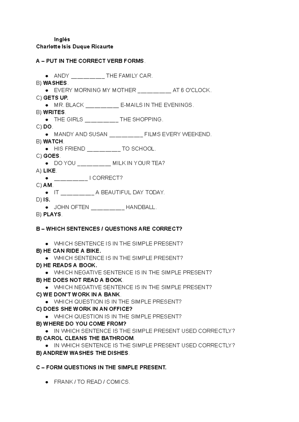 Inglés 101: Verb Forms and Simple Present Exercises - Studocu