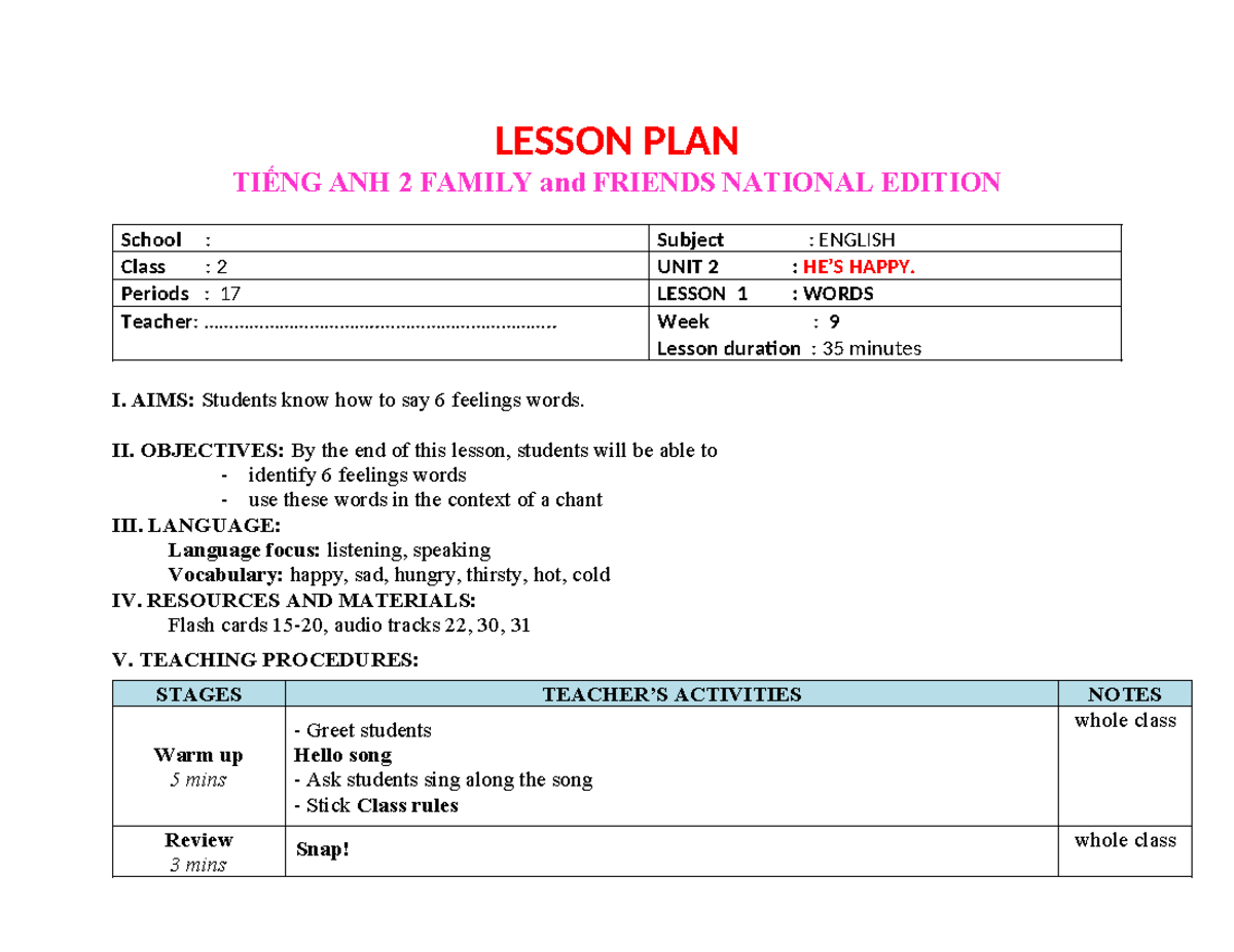 LESSON PLAN TIẾNG ANH 2: UNIT 2 - HAPPY (LESSONS 1-4) - Studocu