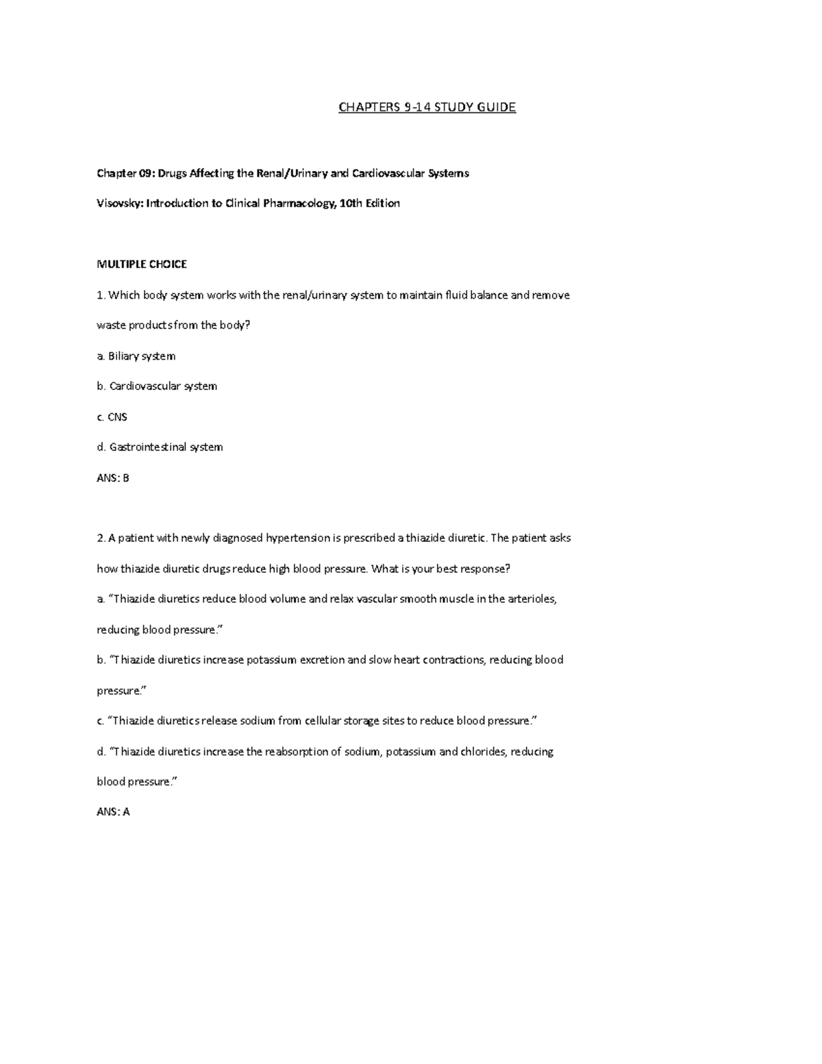 Chapters 9-14 PHAR 101 Study Guide: Renal, Cardio, and Mental Health ...
