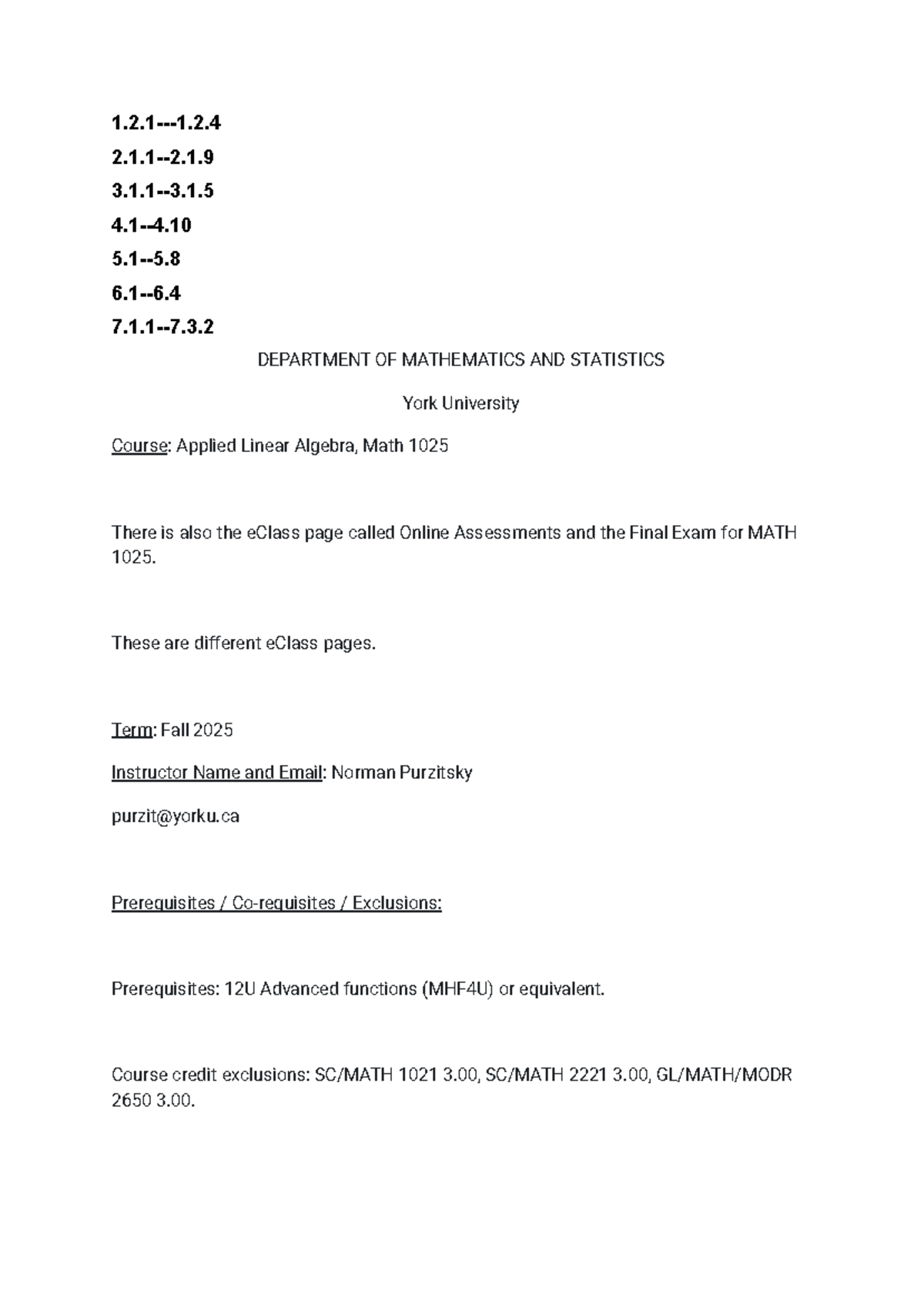 MATH 1025 Final Exam Outline for Applied Linear Algebra - Studocu