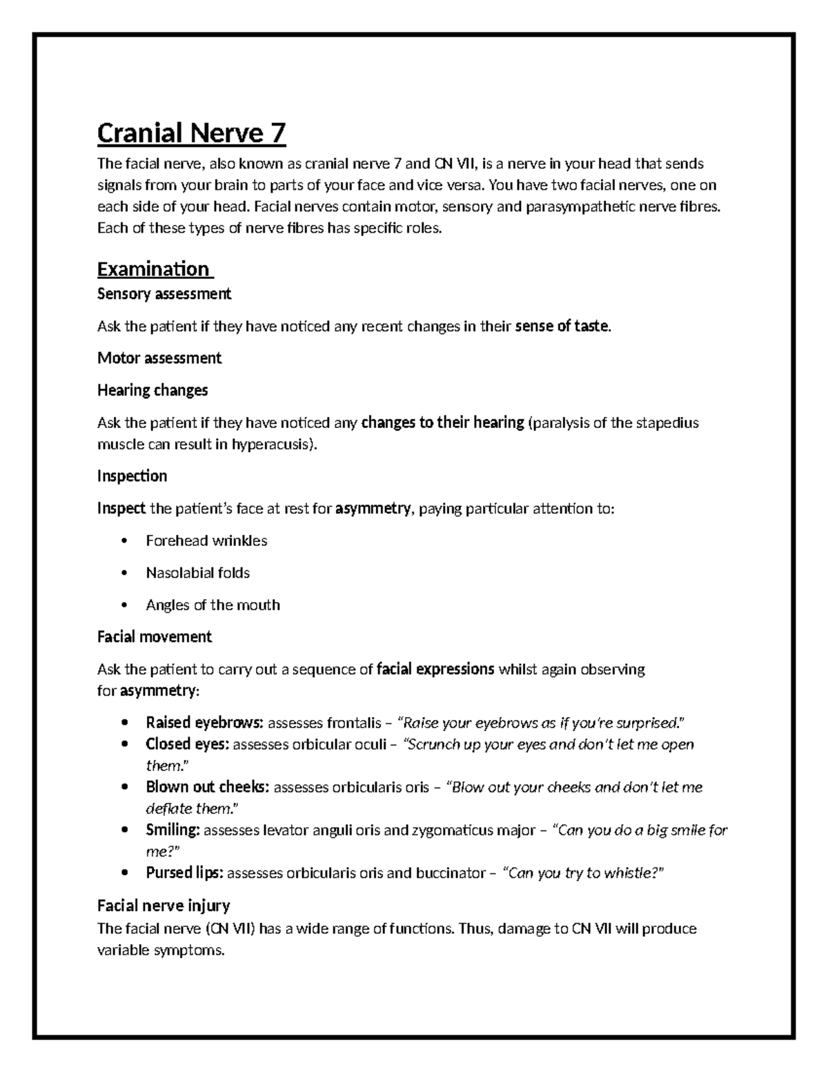 Cranial Nerve Assessment: CN VII & VIII Examination Notes - Studocu