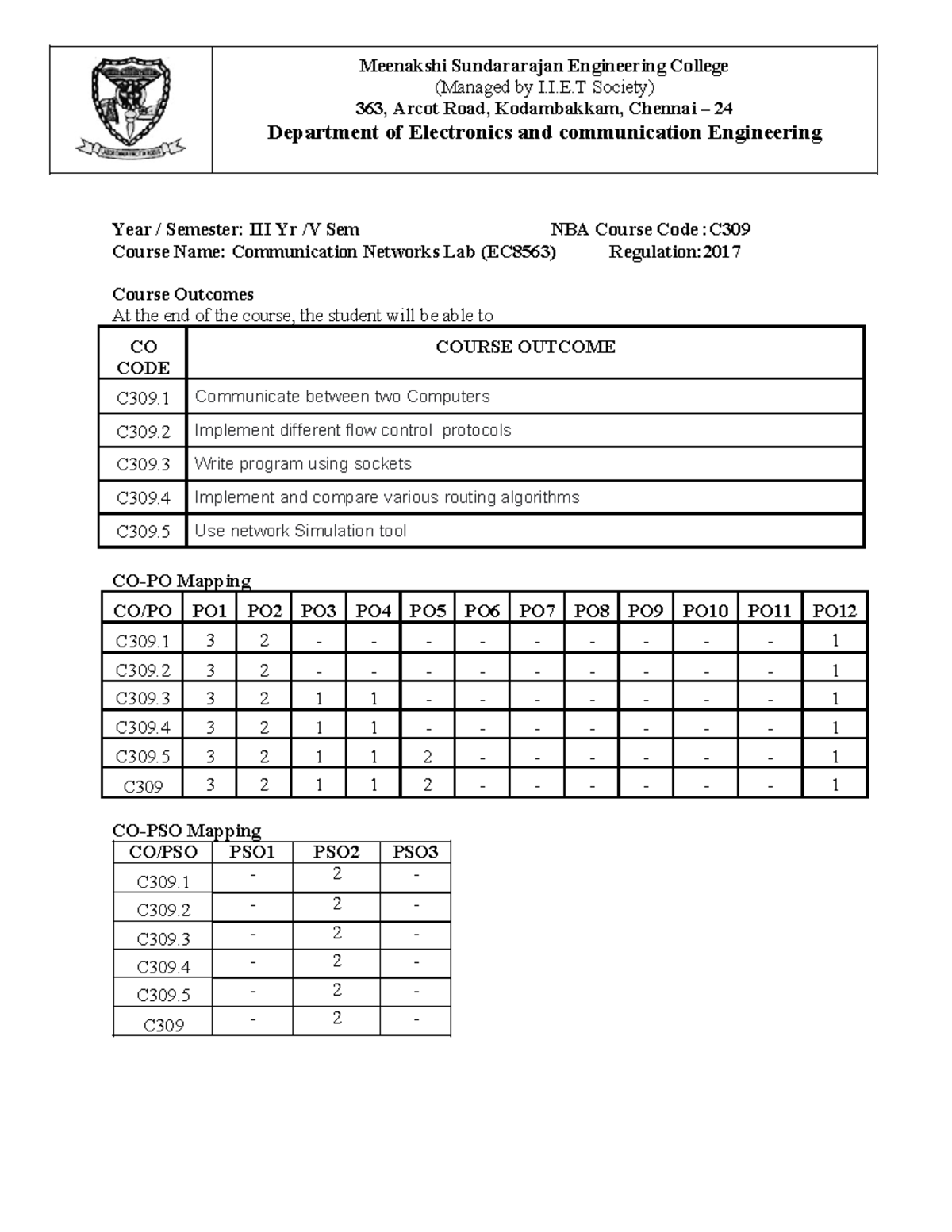 CO-PO Mapping for Communication Networks Lab (EC8563) - C309 - Studocu