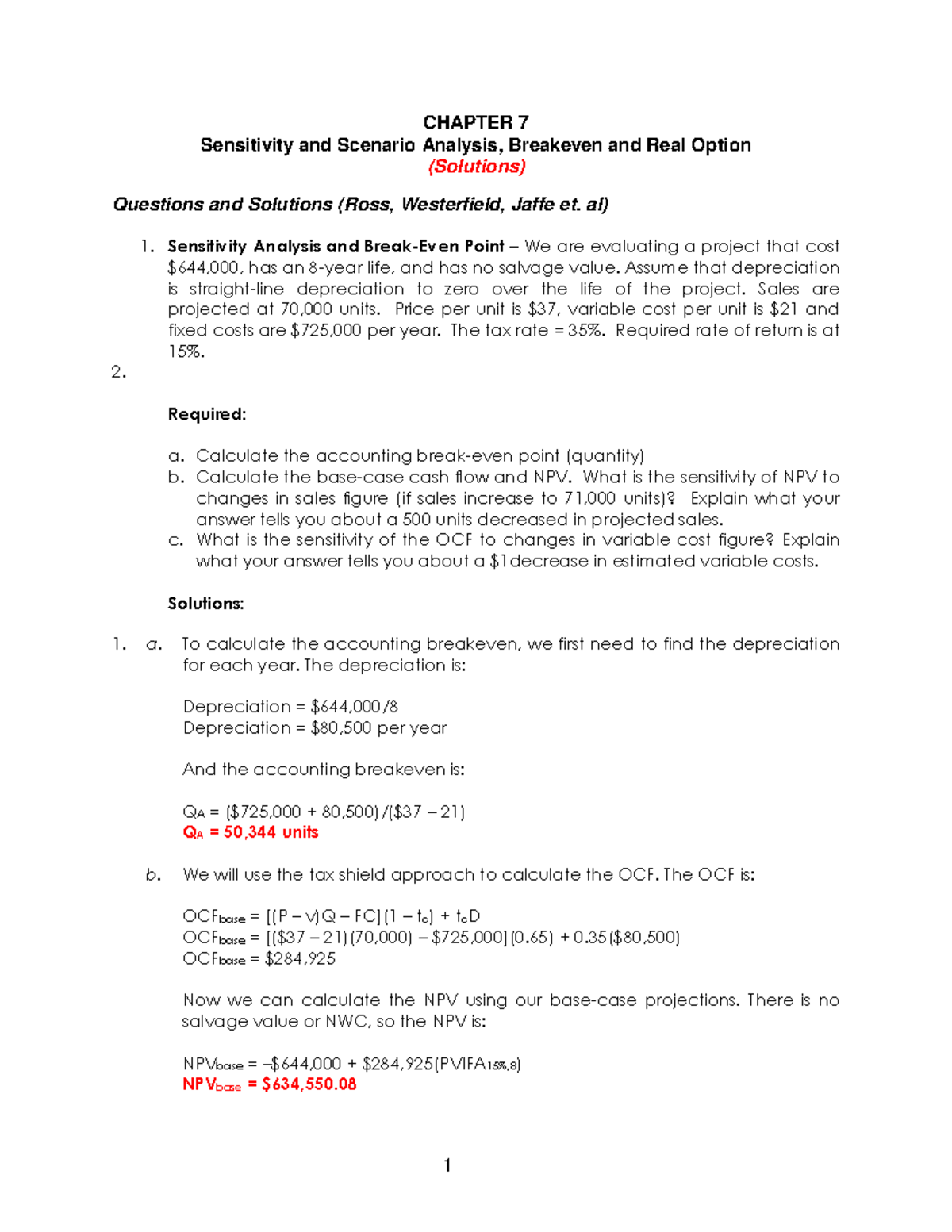 Chapter 7: Sensitivity & Scenario Analysis Solutions (Tutorial 4) - Studocu