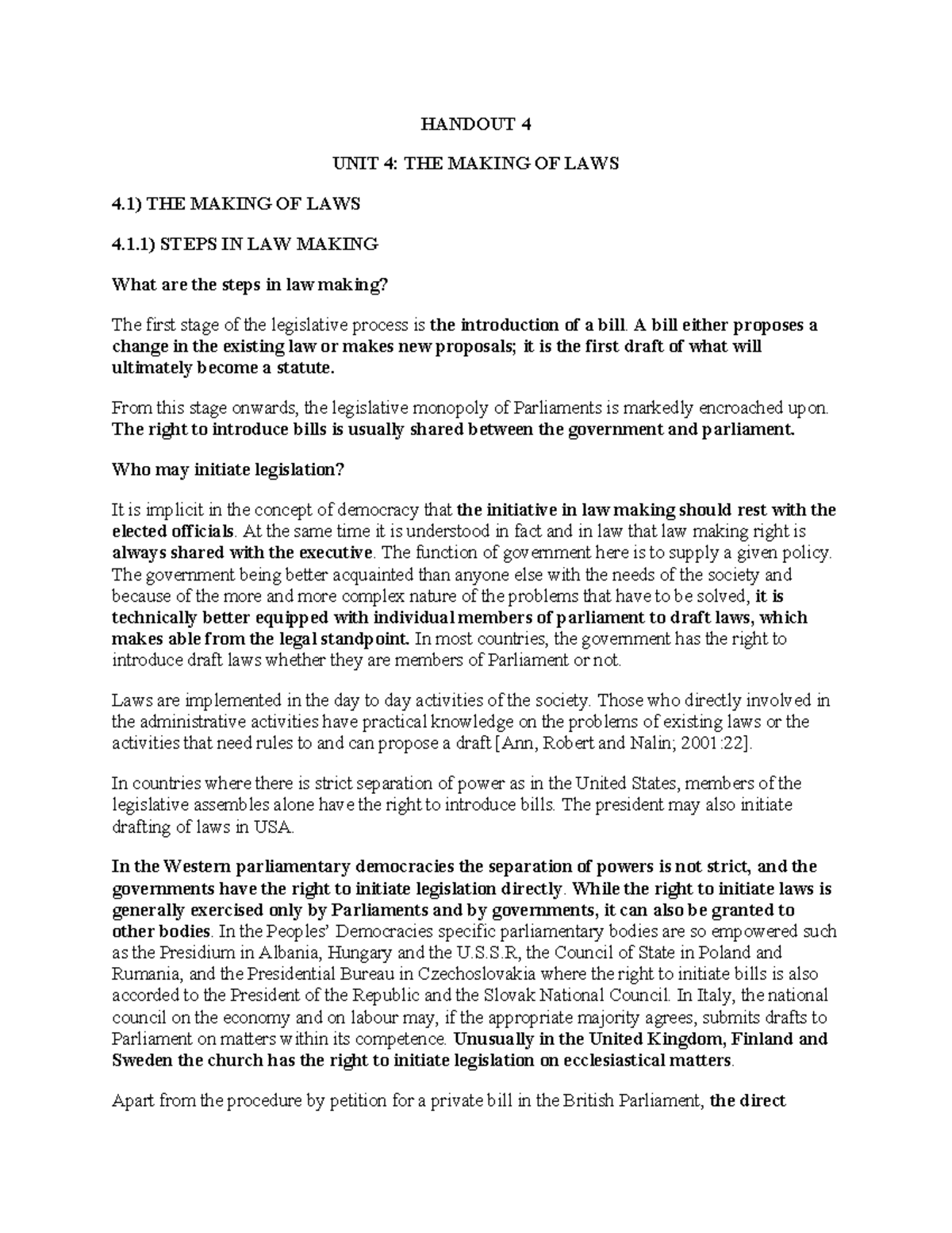 Introduction to Law: Handout 4 - The Law Making Process Explained - Studocu