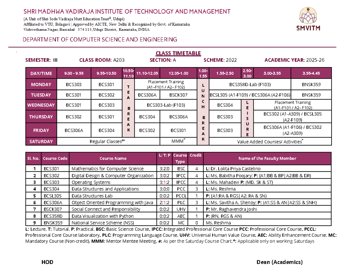 3rd Sem CSE Timetable (2025-26) - Class A & B Schedule - Studocu