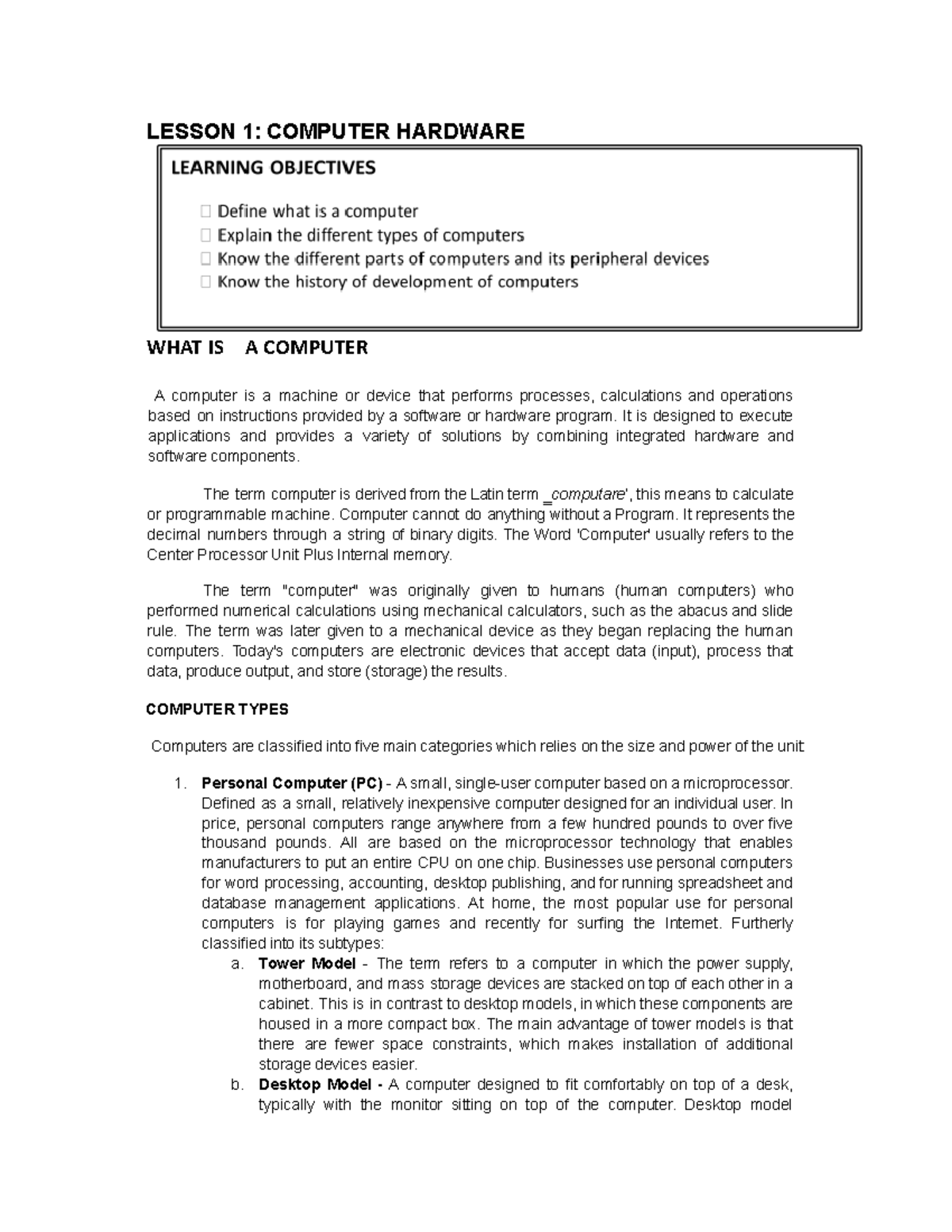 CPED Lesson 1 & 2: Computer Hardware and Processor Insights - Studocu