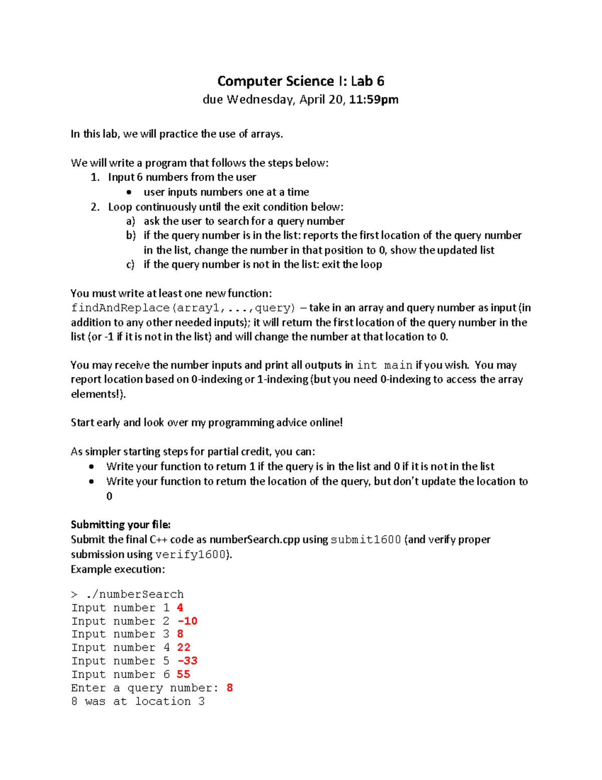 Lab 6 - project - Computer Science I: Lab 6 due Wednesday, April 20, 11 ...