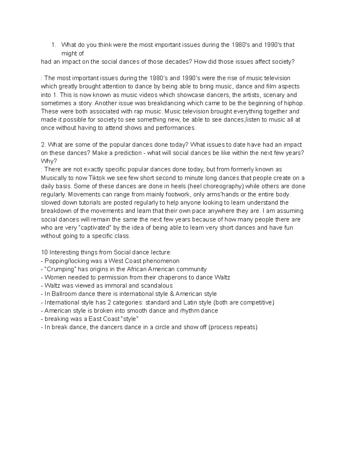 Chapter 10 Assignment: Impact of 1980s-90s on Social Dance Trends - Studocu