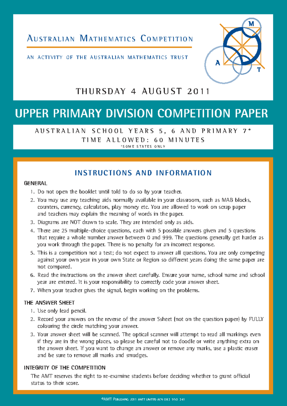 AMC Upper Primary Mathematics Competition Paper 2011 - Studocu