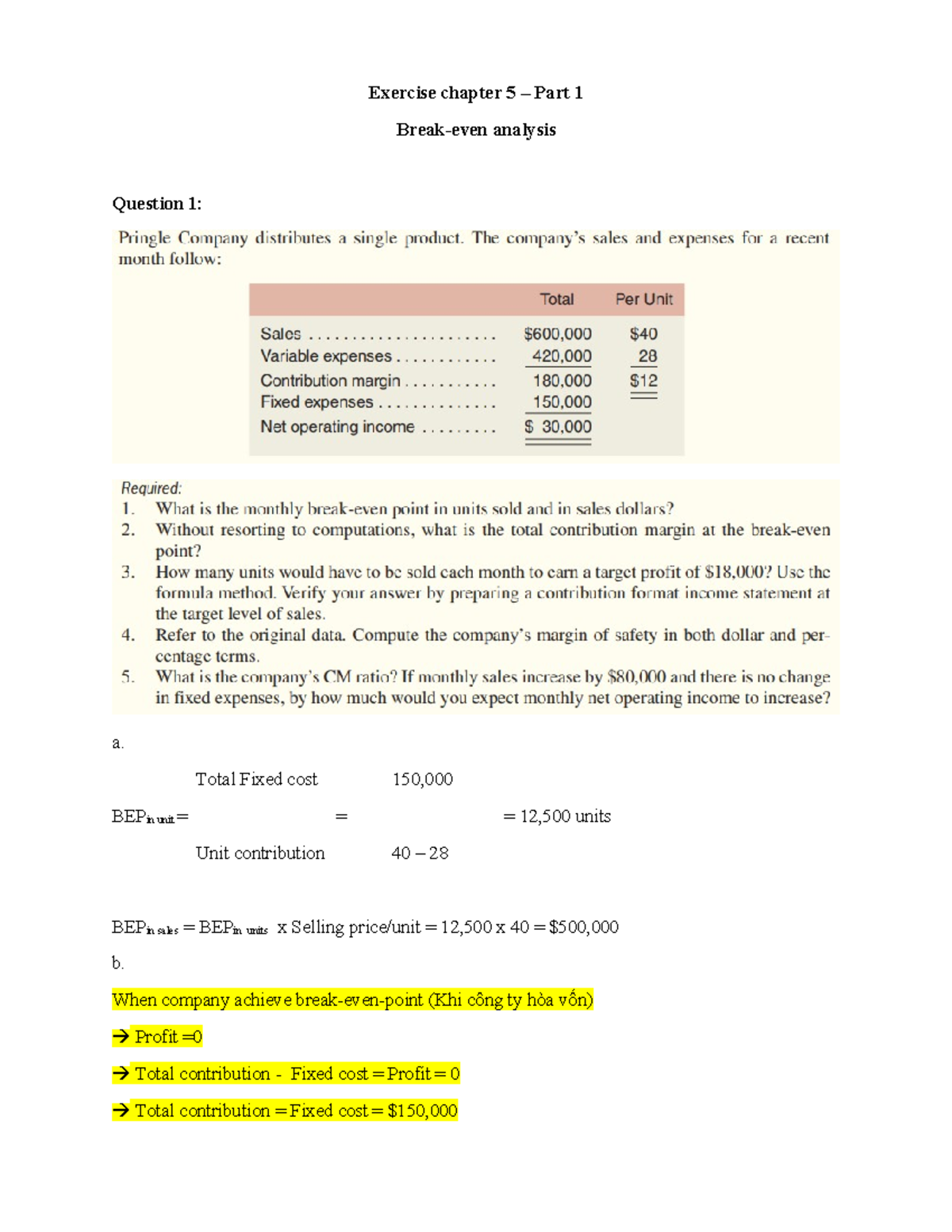 Exercise Chapter 5: Break-even Analysis & Calculations - Part 1 - Studocu