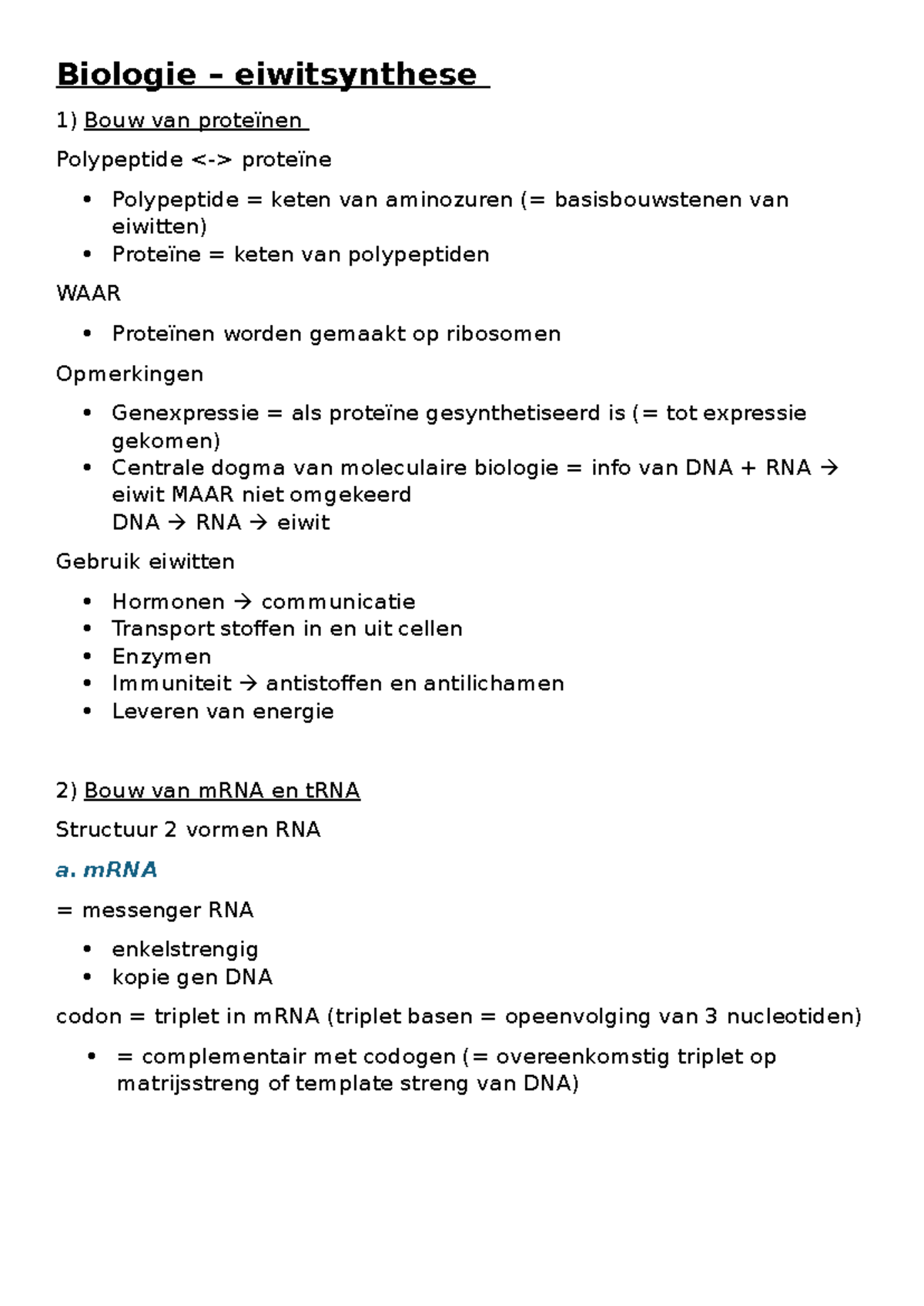Genexpressie en Eiwitsynthese in Biologie: Een Overzicht - Studocu