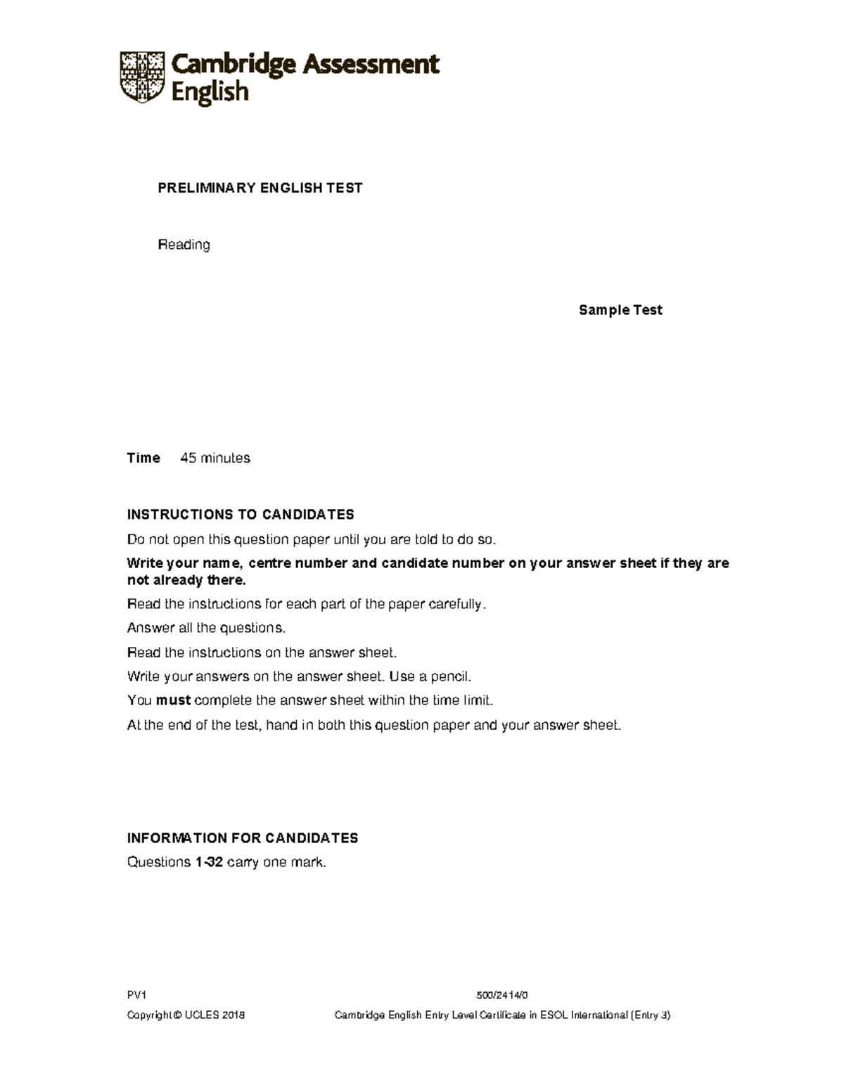 Reading Paper - Practice - PRELIMINARY ENGLISH TEST Reading Sample Test ...