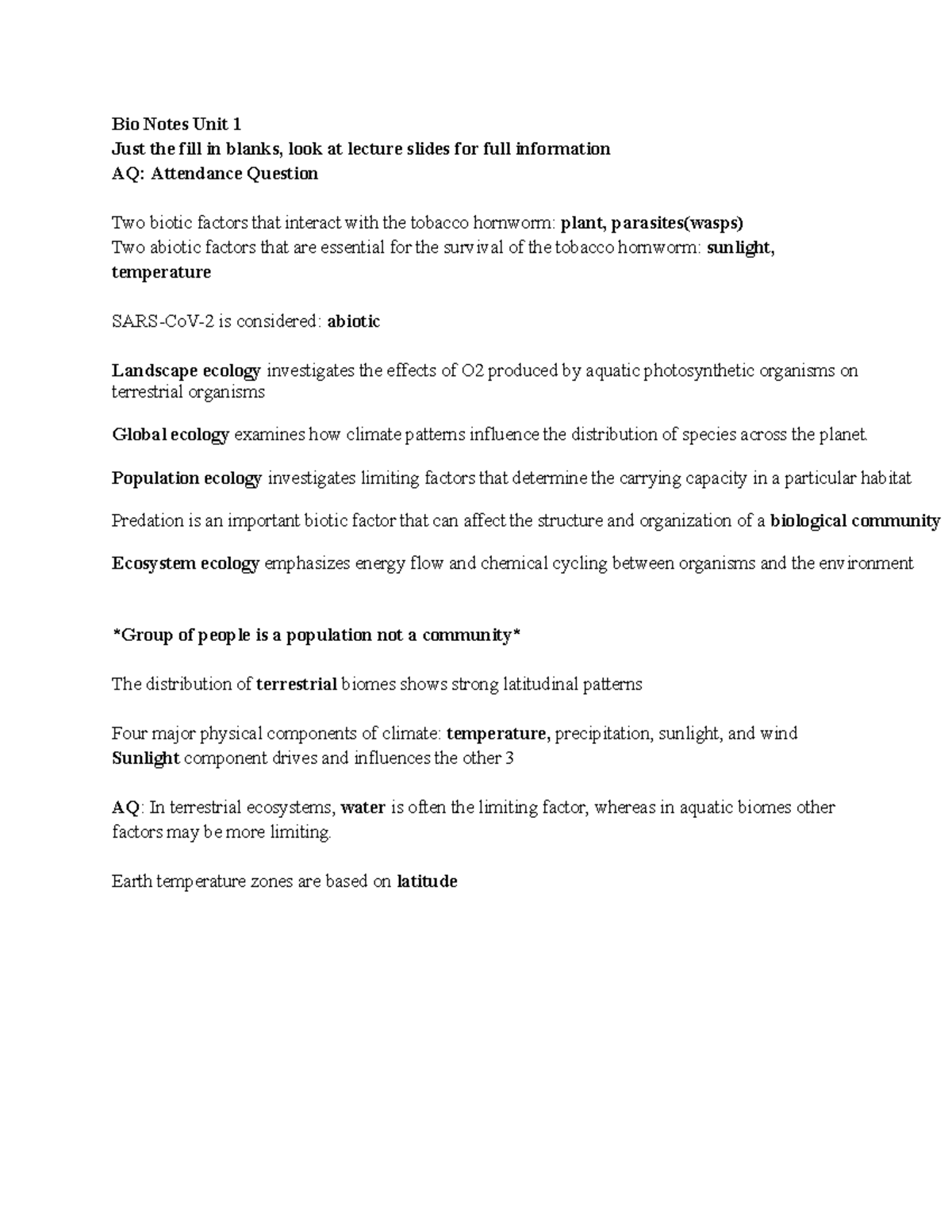 Ecology Notes: Biotic & Abiotic Factors in Ecosystems AQ - Studocu