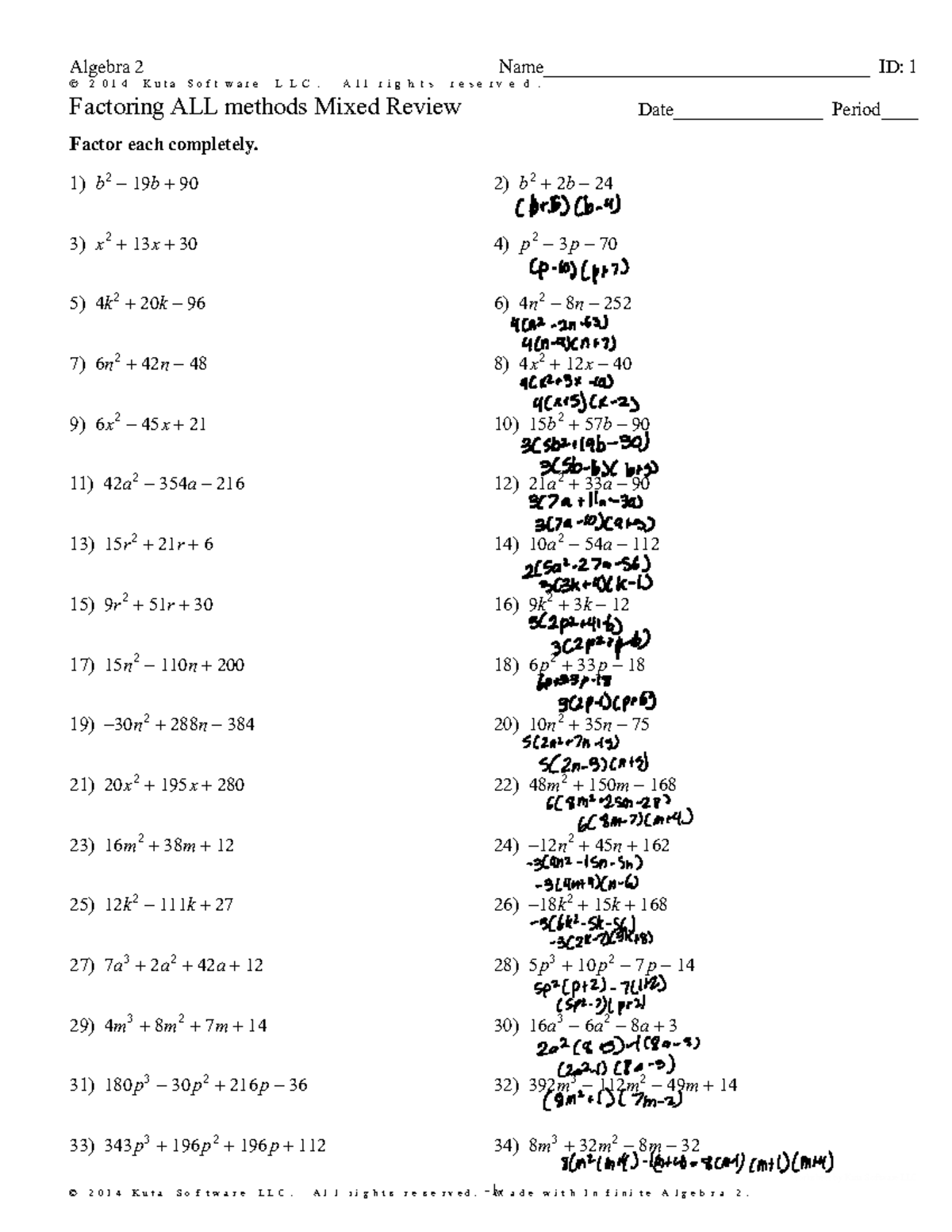 Algebra 2: Factoring Mixed Review Worksheet - Studocu