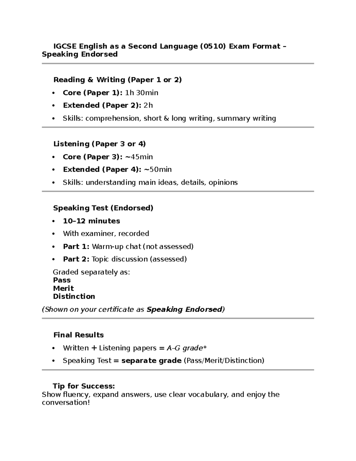 IGCSE English as a Second Language (0510) Exam Format Overview - Studocu