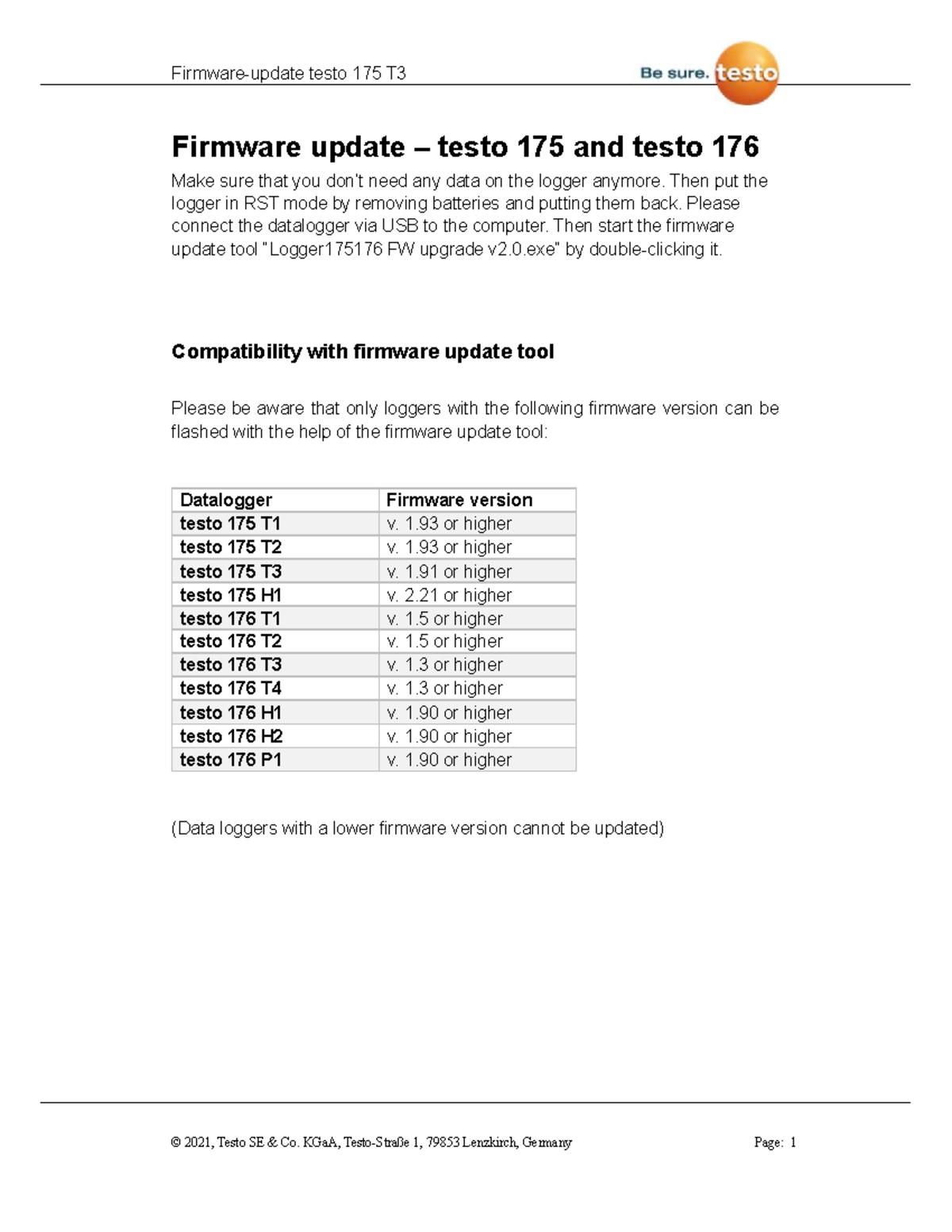 Firmware Update Instructions for Testo 175 T3 & 176 Devices - Studocu
