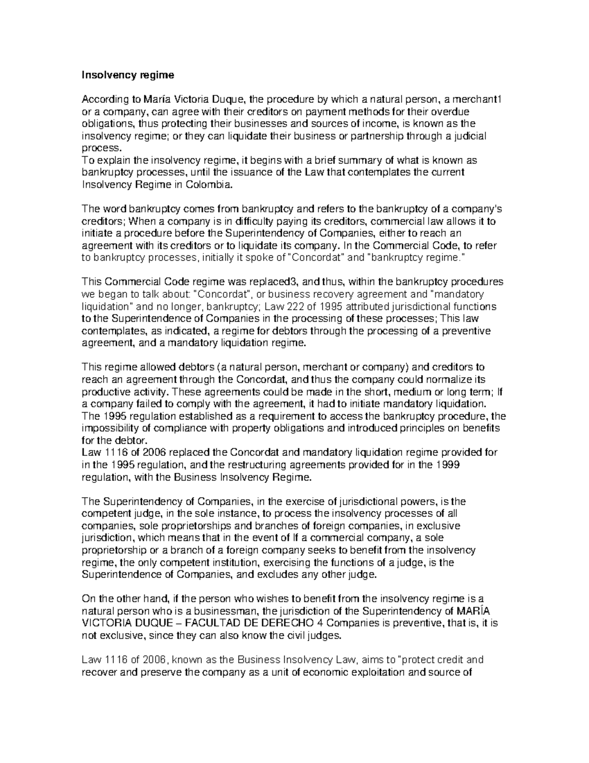 Regimen de insolvencia - Insolvency regime According to María Victoria ...