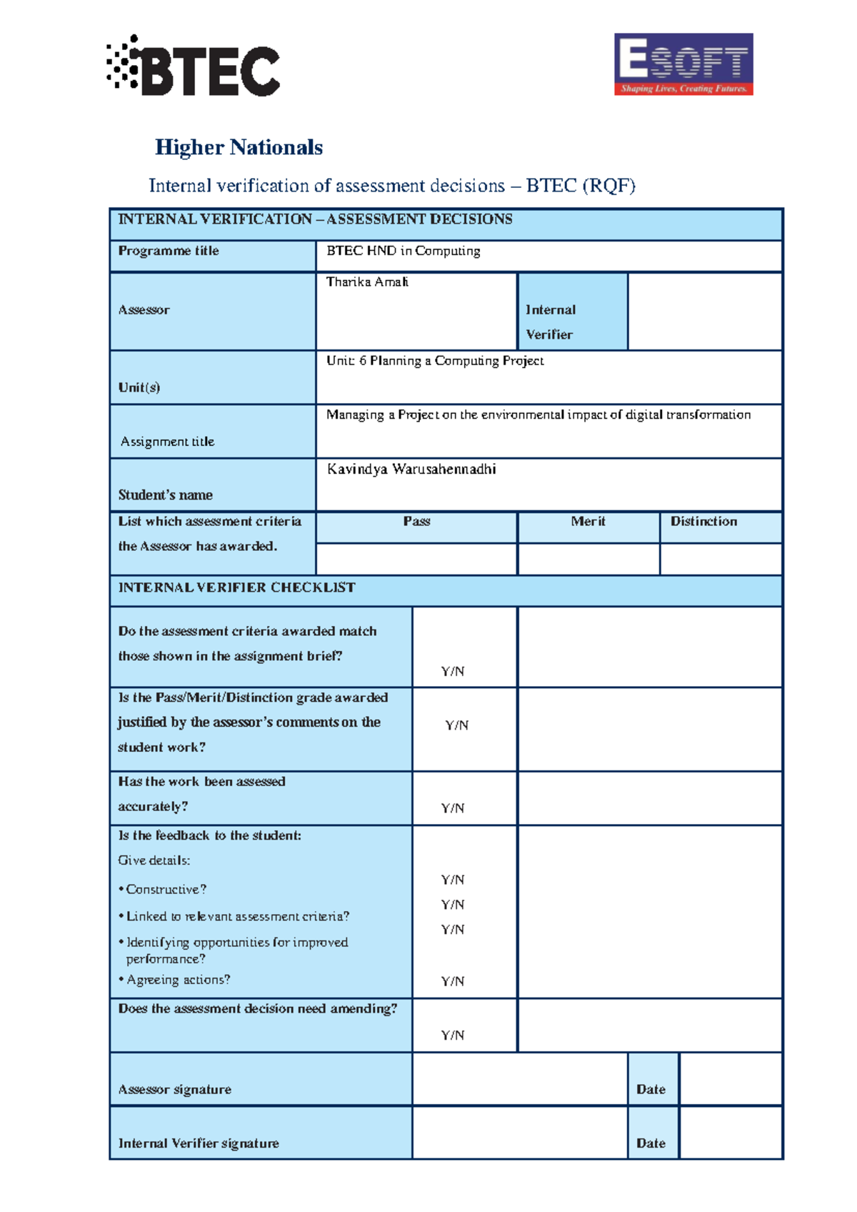 Unit 06 Planning A Computing Project Higher Nationals Internal Verification Of Assessment