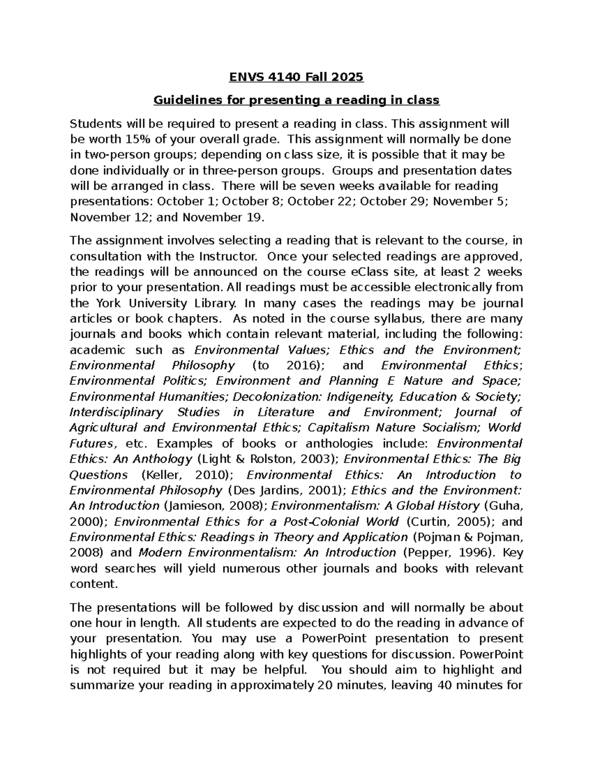 ENVS 4140 Fall 2025 Reading Presentation Guidelines - Studocu