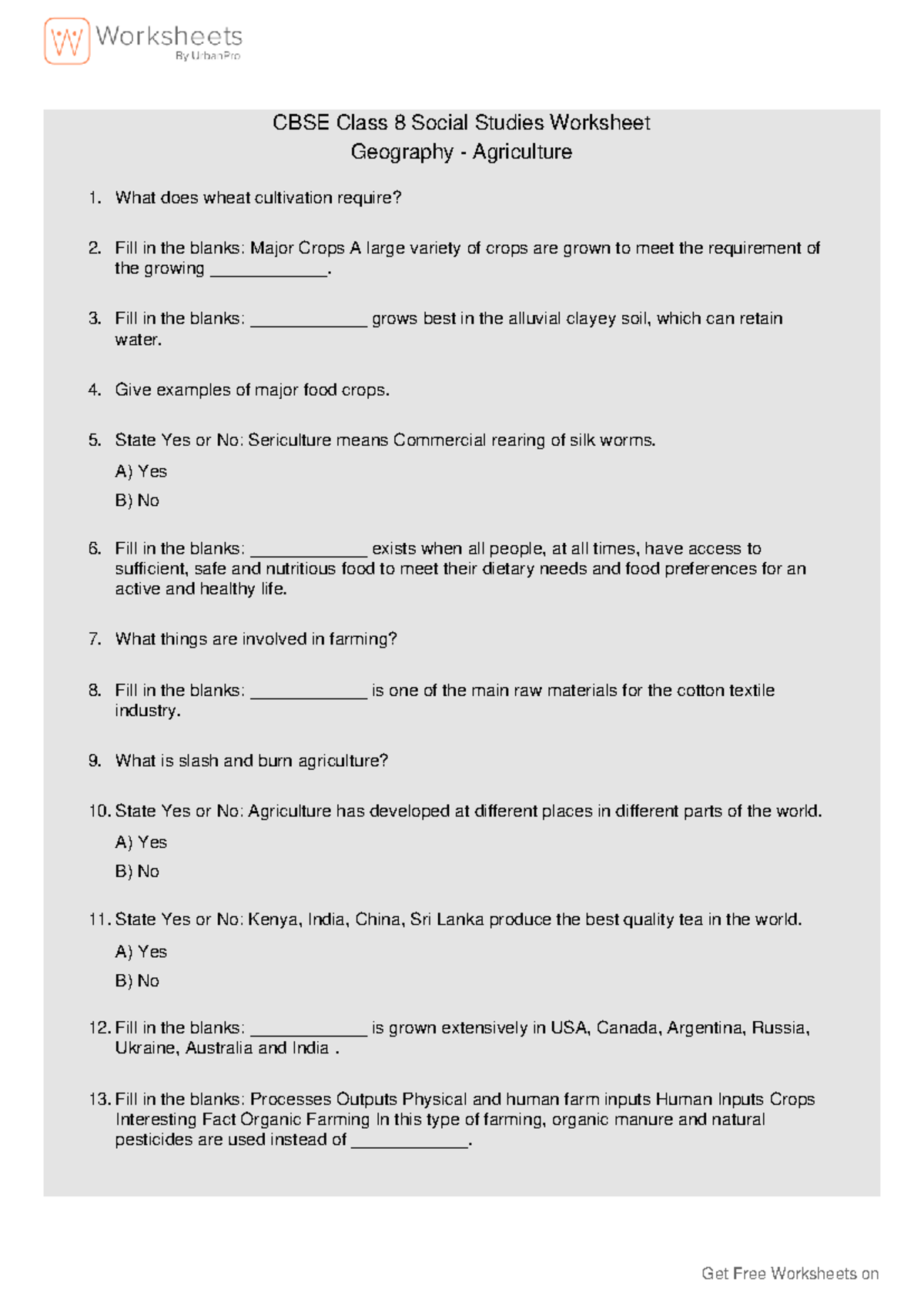 Agriculture CBSE Class 8 Social Studies Worksheet on Crops and Farming ...