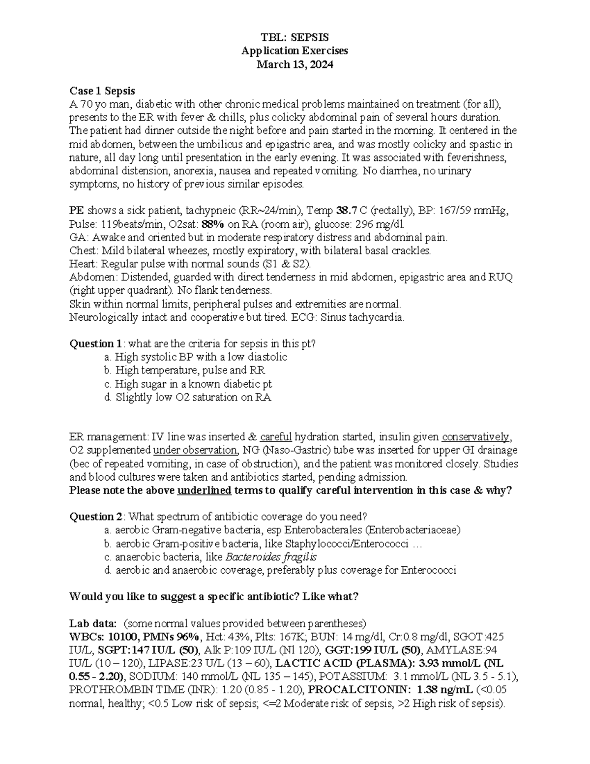 Application Exercises: Sepsis Case Study - TBL Session 2024 - Studocu