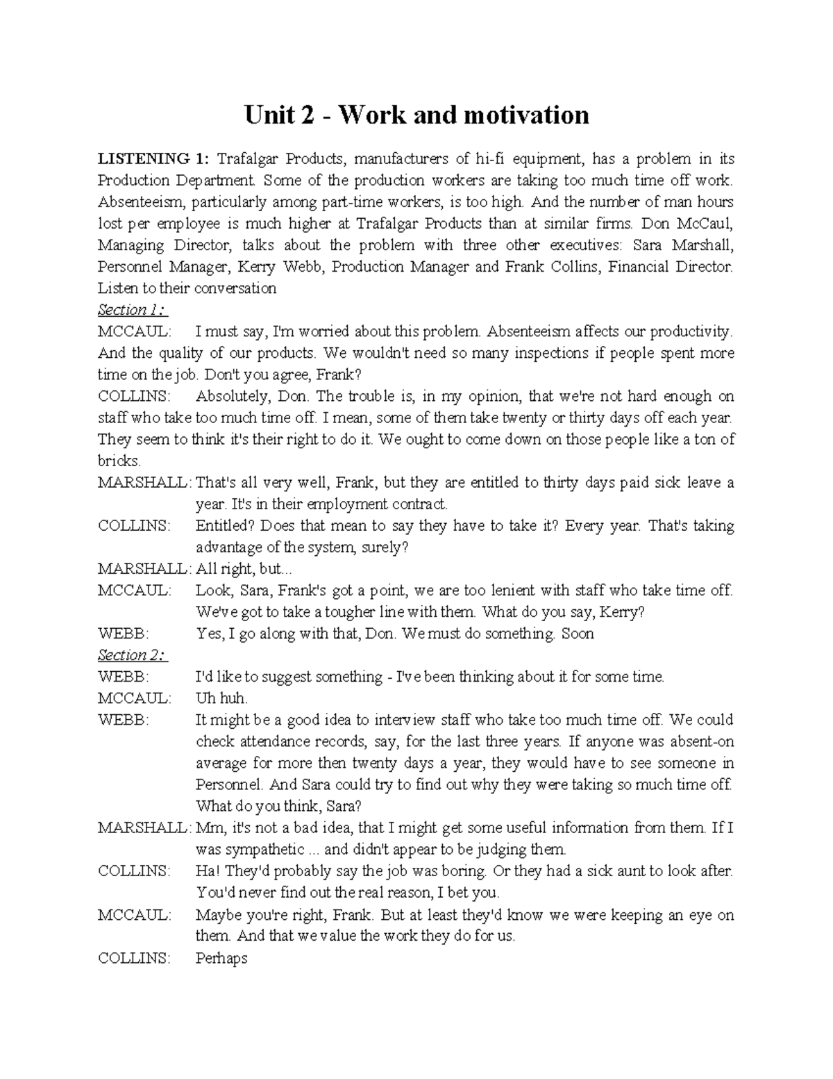 2 Transcript - scripts - Unit 2 - Work and motivation LISTENING 1 ...