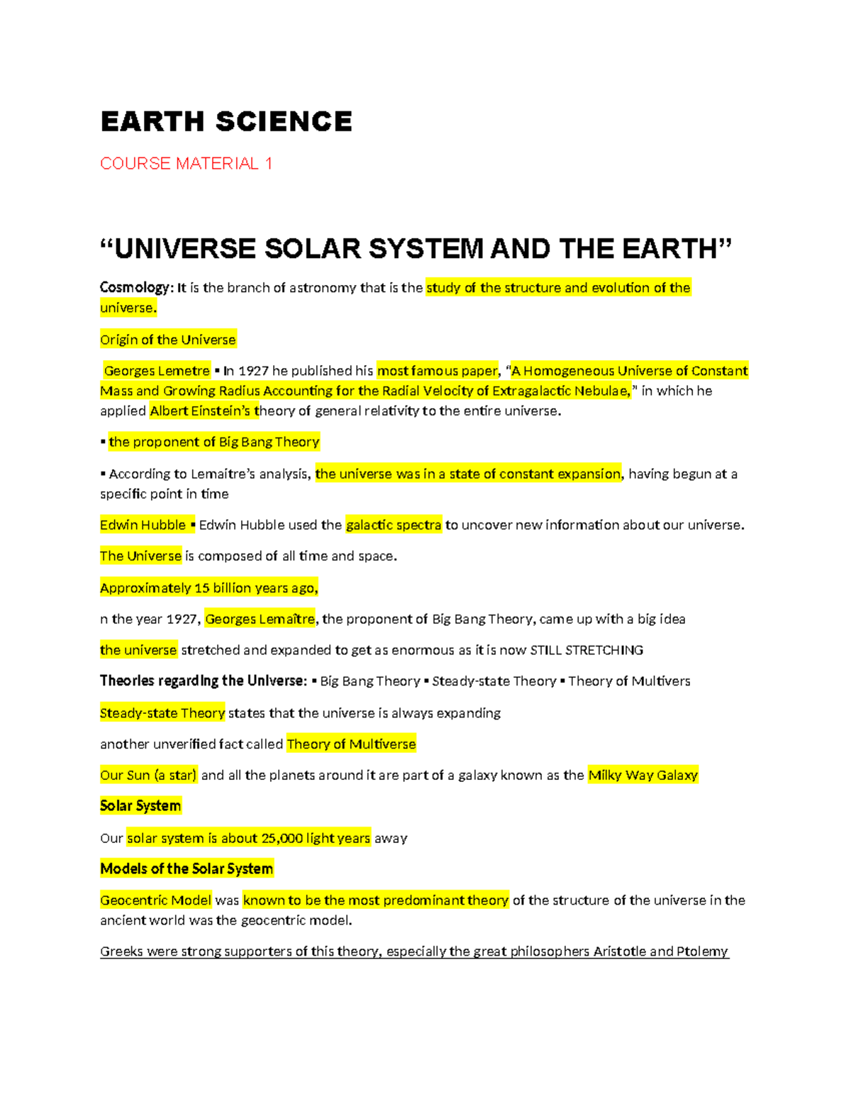 Earth Science Course Material 1: Solar System & Cosmology Review - Studocu