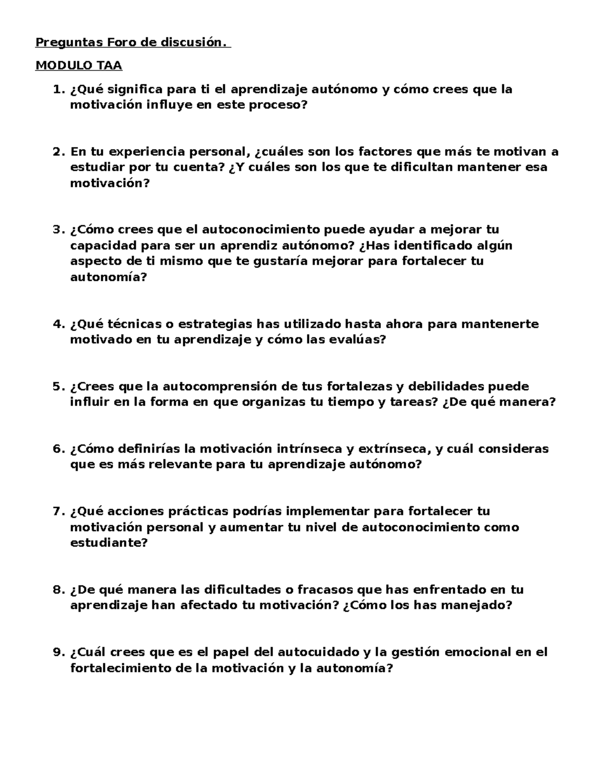 Preguntas para el Foro de Discusión 1 - Módulo TAA - Studocu
