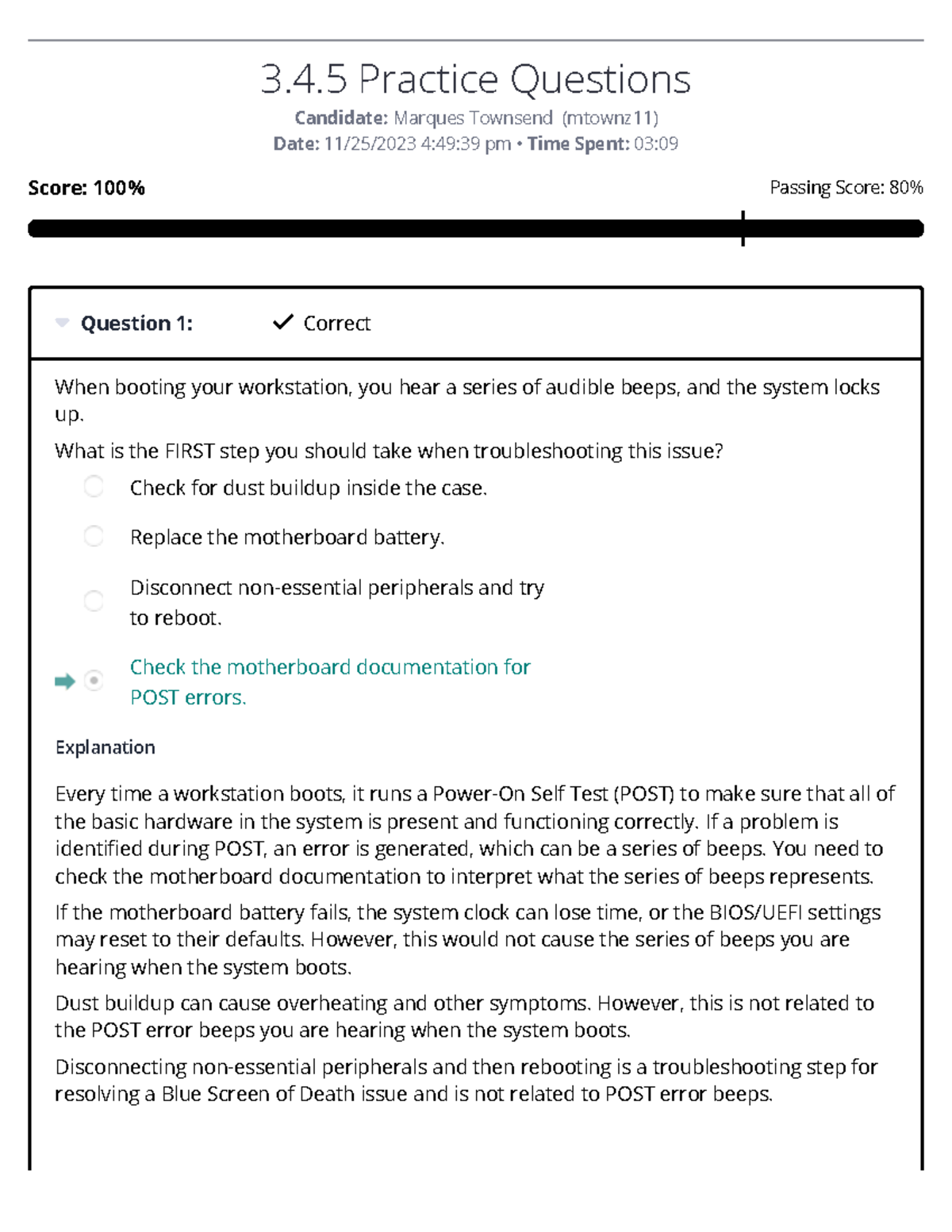 Quiz 3 - Troubleshooting PC Hardware Issues (Score: 100%) - Studocu