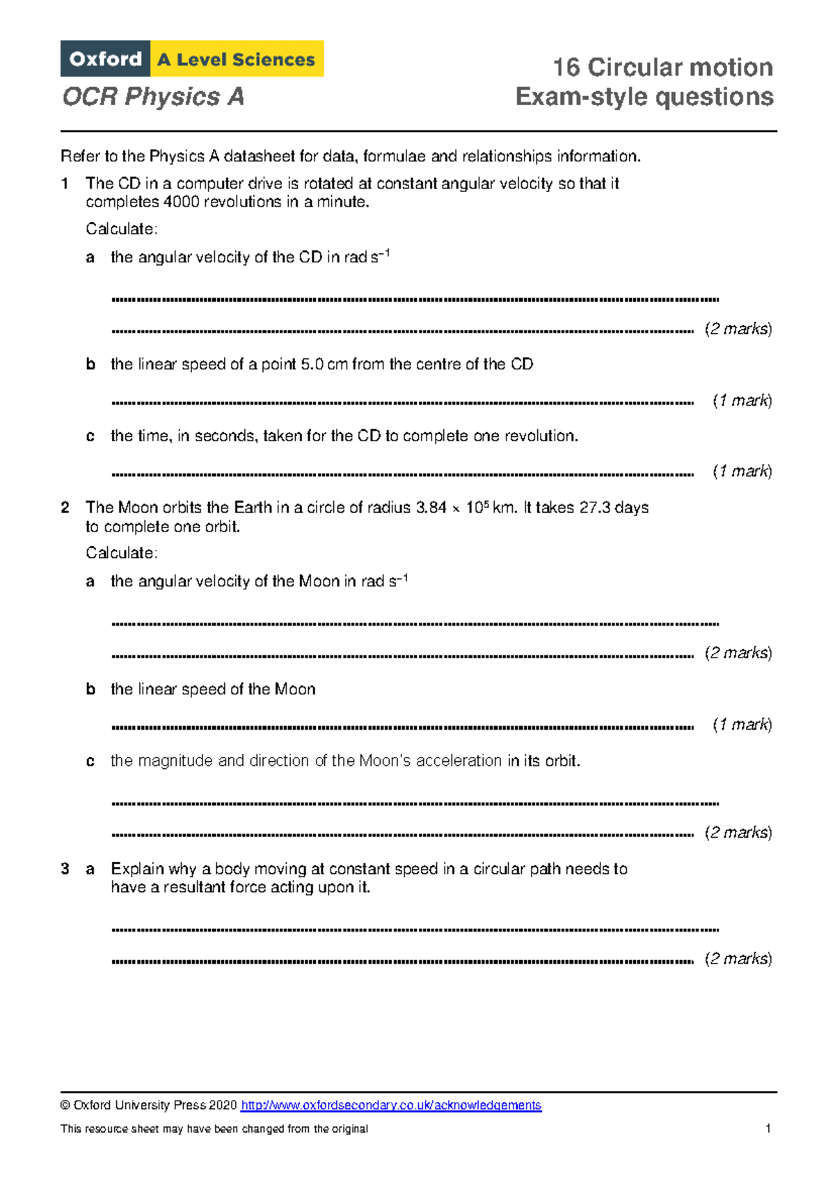 OCR Physics A 16 Circular Motion Test Questions and Solutions - Studocu