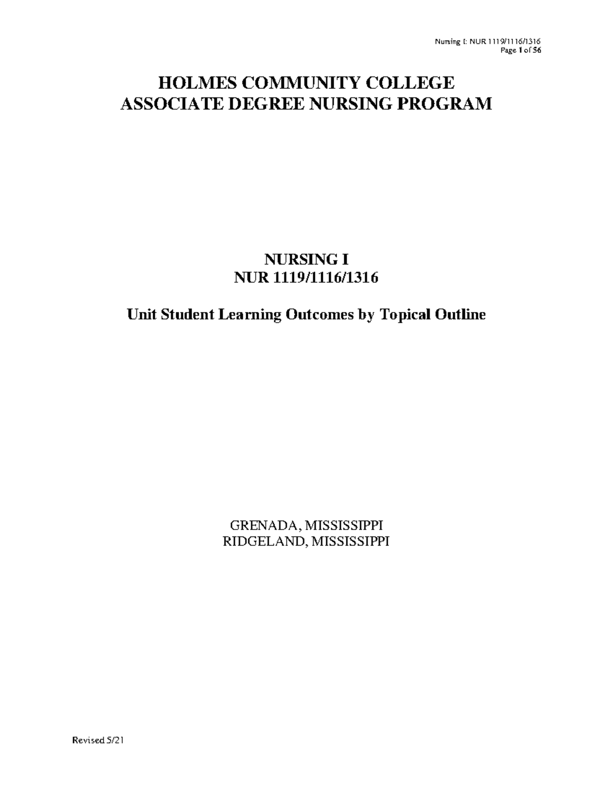 NUR 1119/1116 2023-2024 Nursing Addendum: Unit Outcomes & Content ...