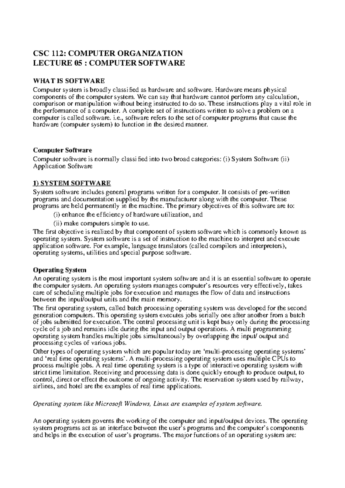 Lecture 05 Computer Software pdf - CSC 112: COMPUTER ORGANIZATION ...