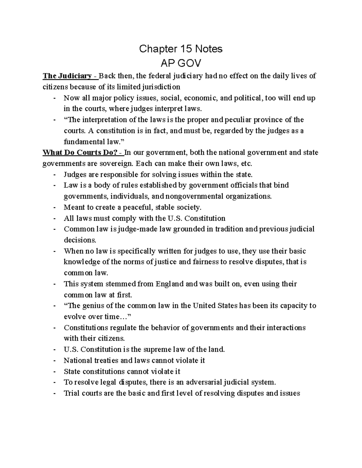 Chapter 15 notes - Chapter 15 Notes AP GOV The Judiciary - Back then ...