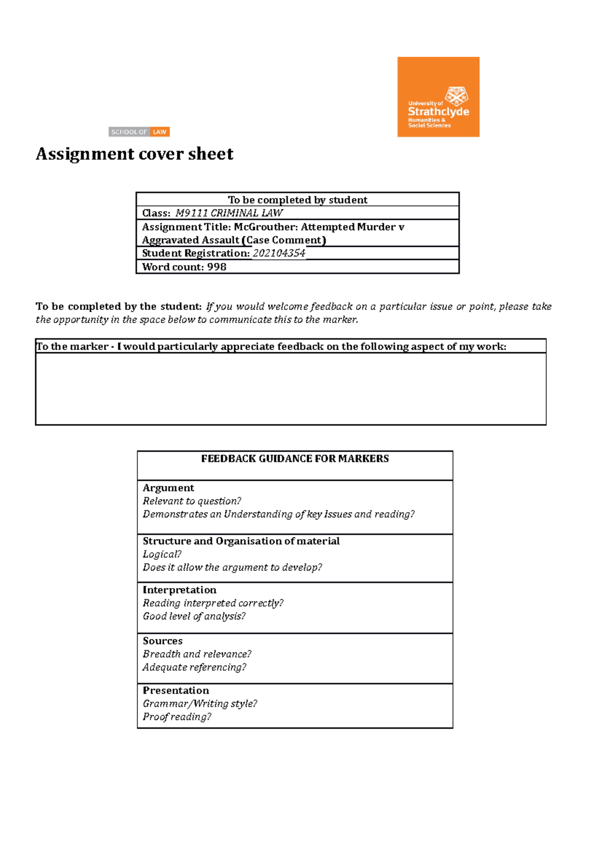 M9111 202104354 Case Comment Nov8 - Assignment cover sheet To be ...