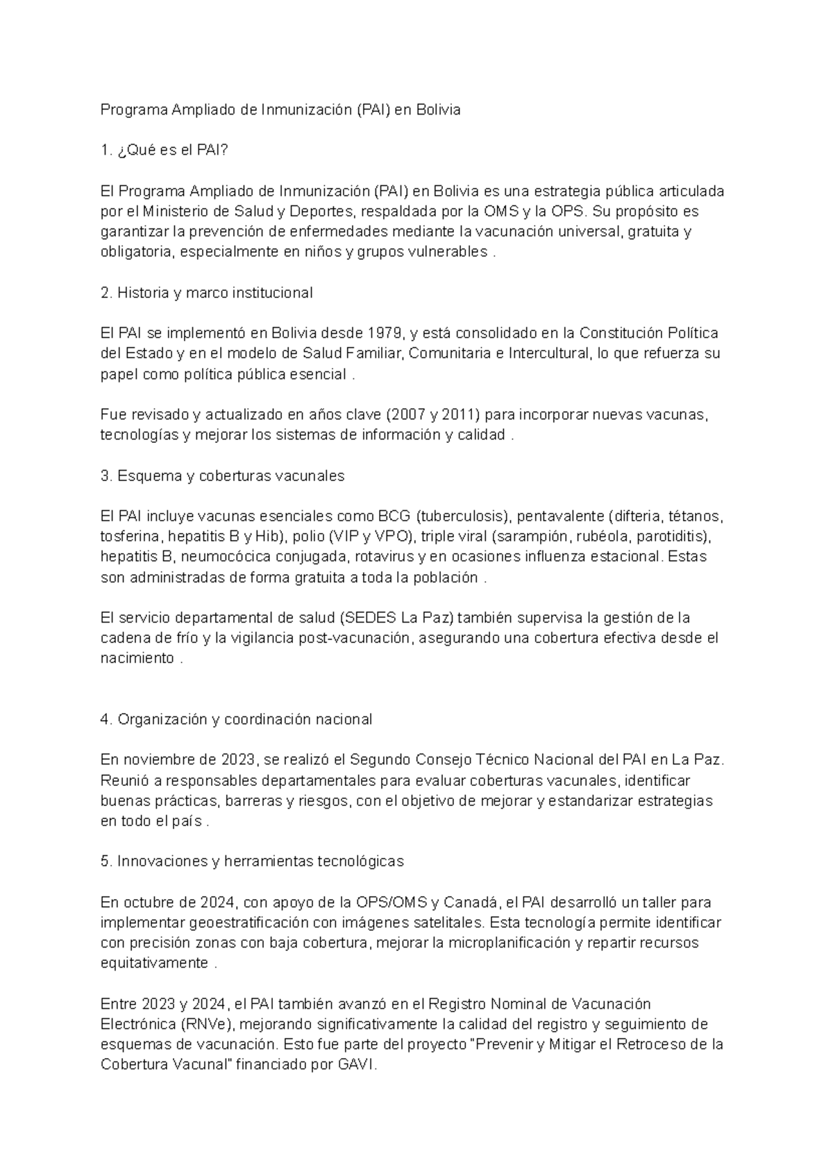 PAI en Bolivia: Estrategias y Avances en Vacunación 2023-2024 - Studocu