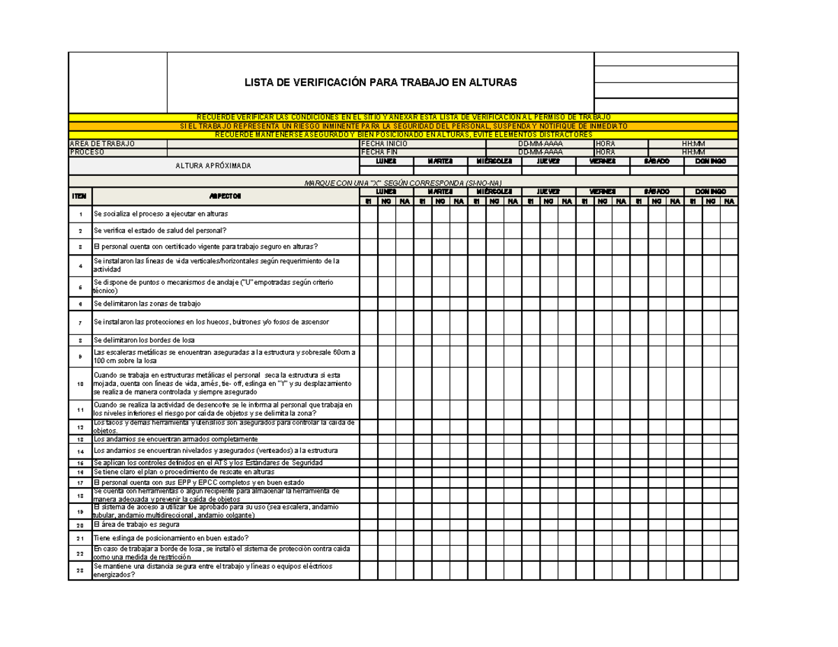 Lista de Verificación para Trabajo en Alturas - Seguridad Laboral - Studocu