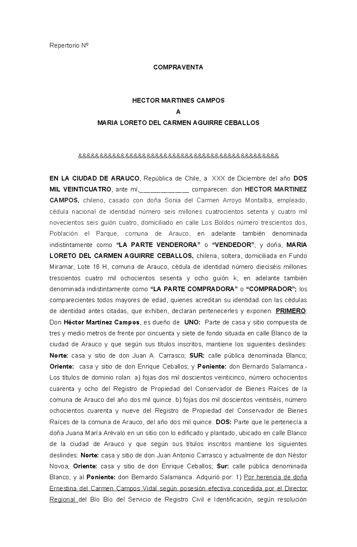 Formato Compraventa - Repertorio Nº COMPRAVENTA HECTOR MARTINES CAMPOS ...