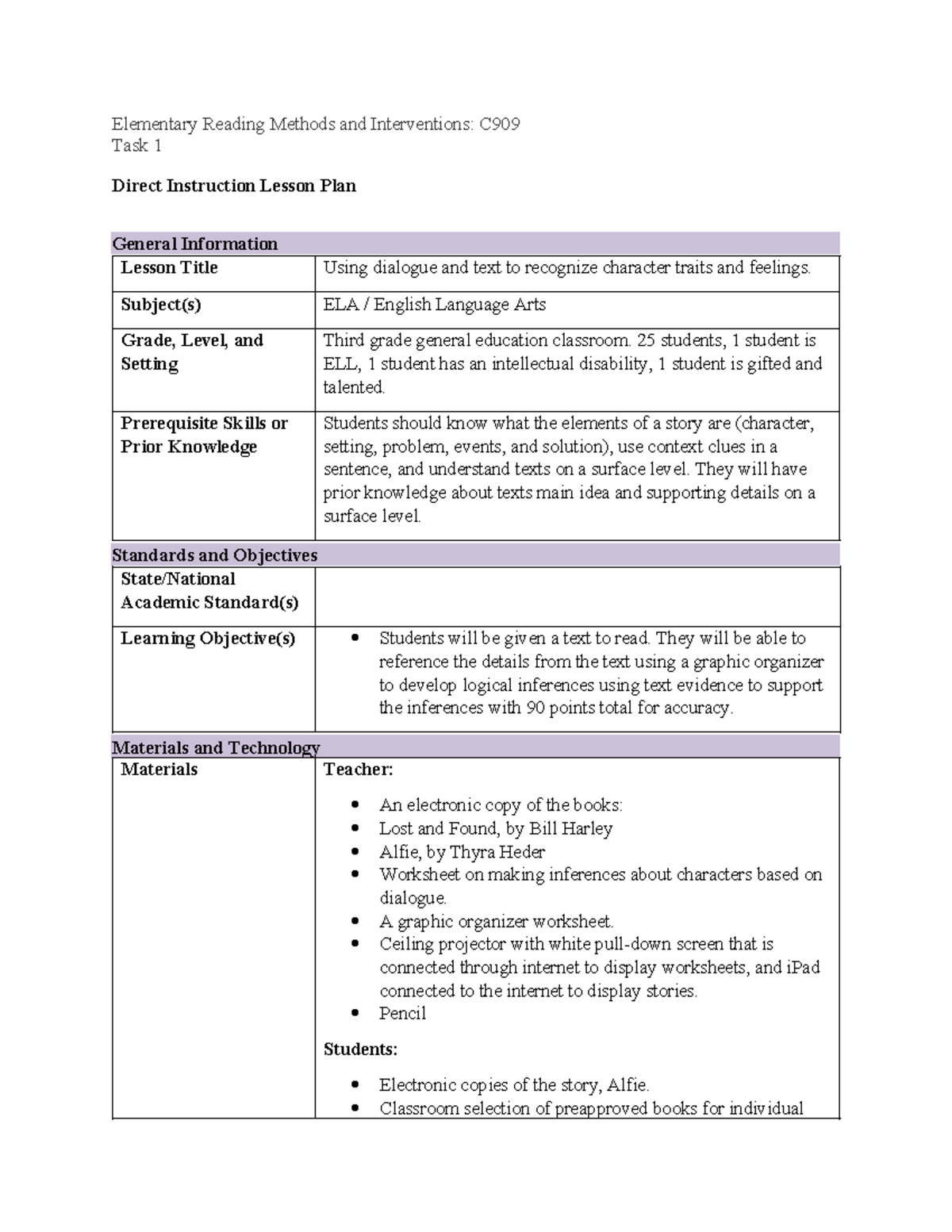 C909 Task 01 COPY - Passed first try - Elementary Reading Methods and Interventions: C Task 1 ...