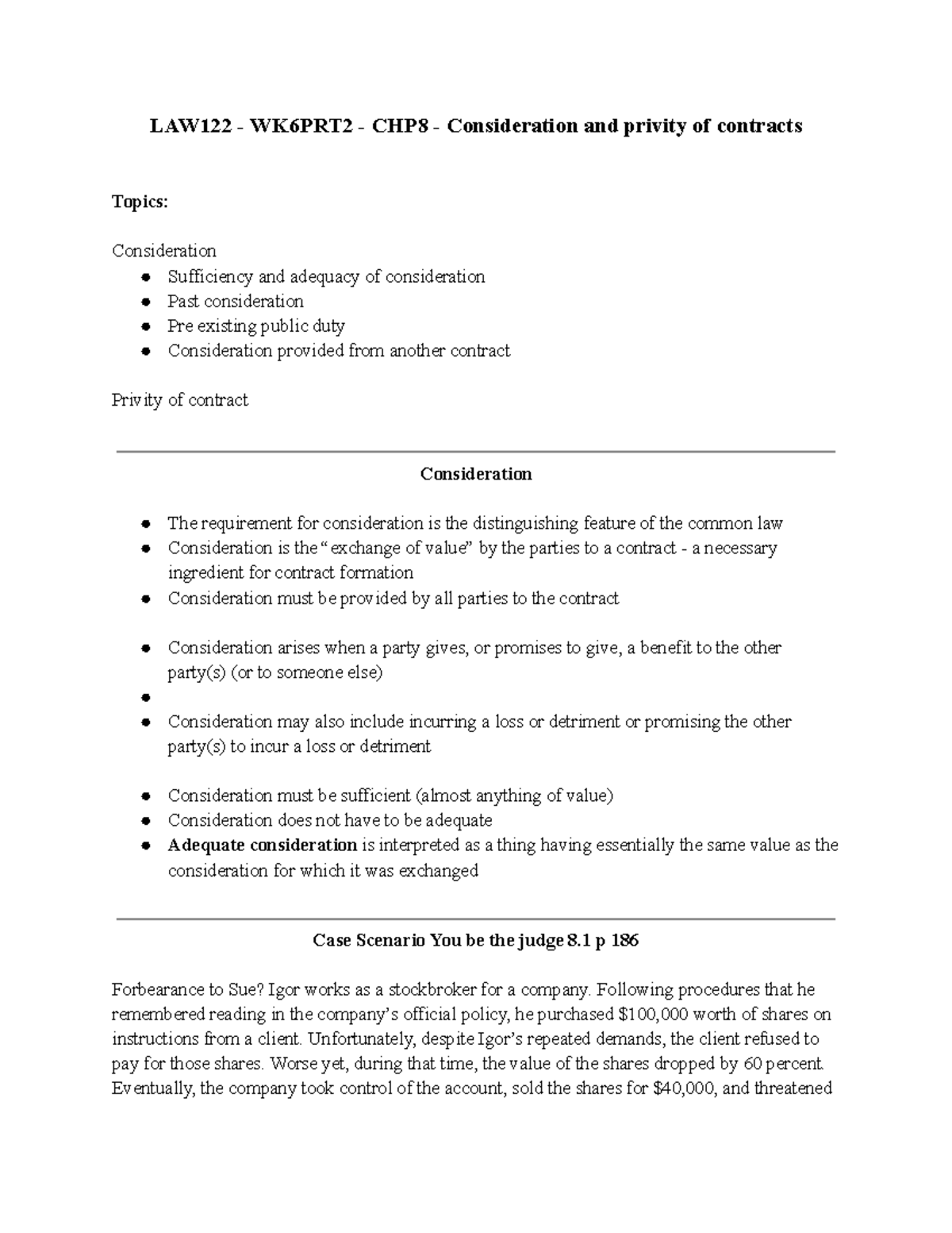 LAW122 WK6 Final Exam Notes: Consideration & Privity of Contracts - Studocu