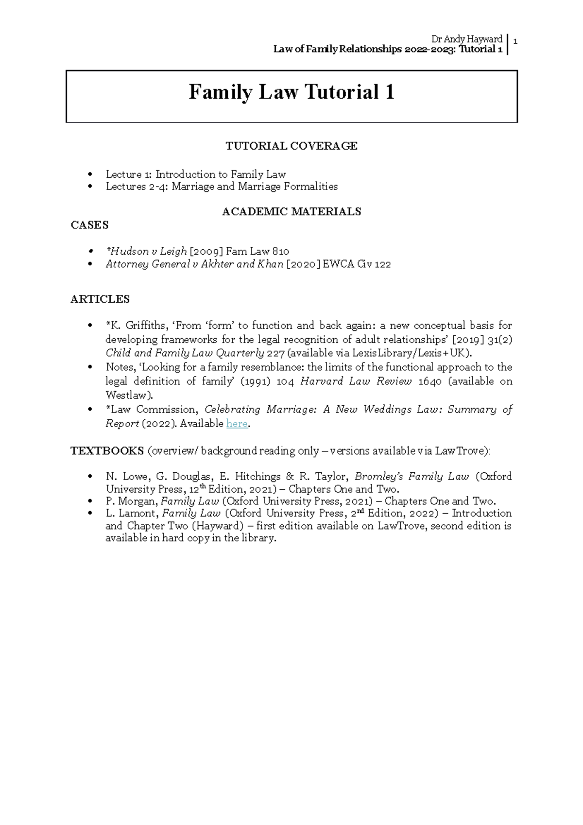 Family Law Tutorial 1 (LAW2022) Overview and Key Case Analyses - Studocu