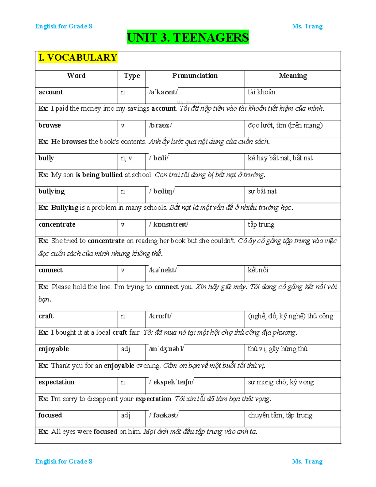 English for Grade 8 - Unit 3: Teenagers Vocabulary and Grammar Notes ...
