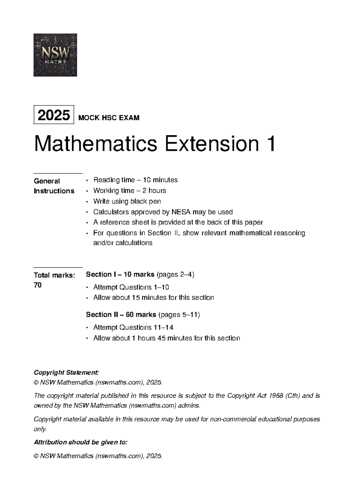 2025 MOCK HSC EXAM - Mathematics Extension 1 General Instructions - Studocu