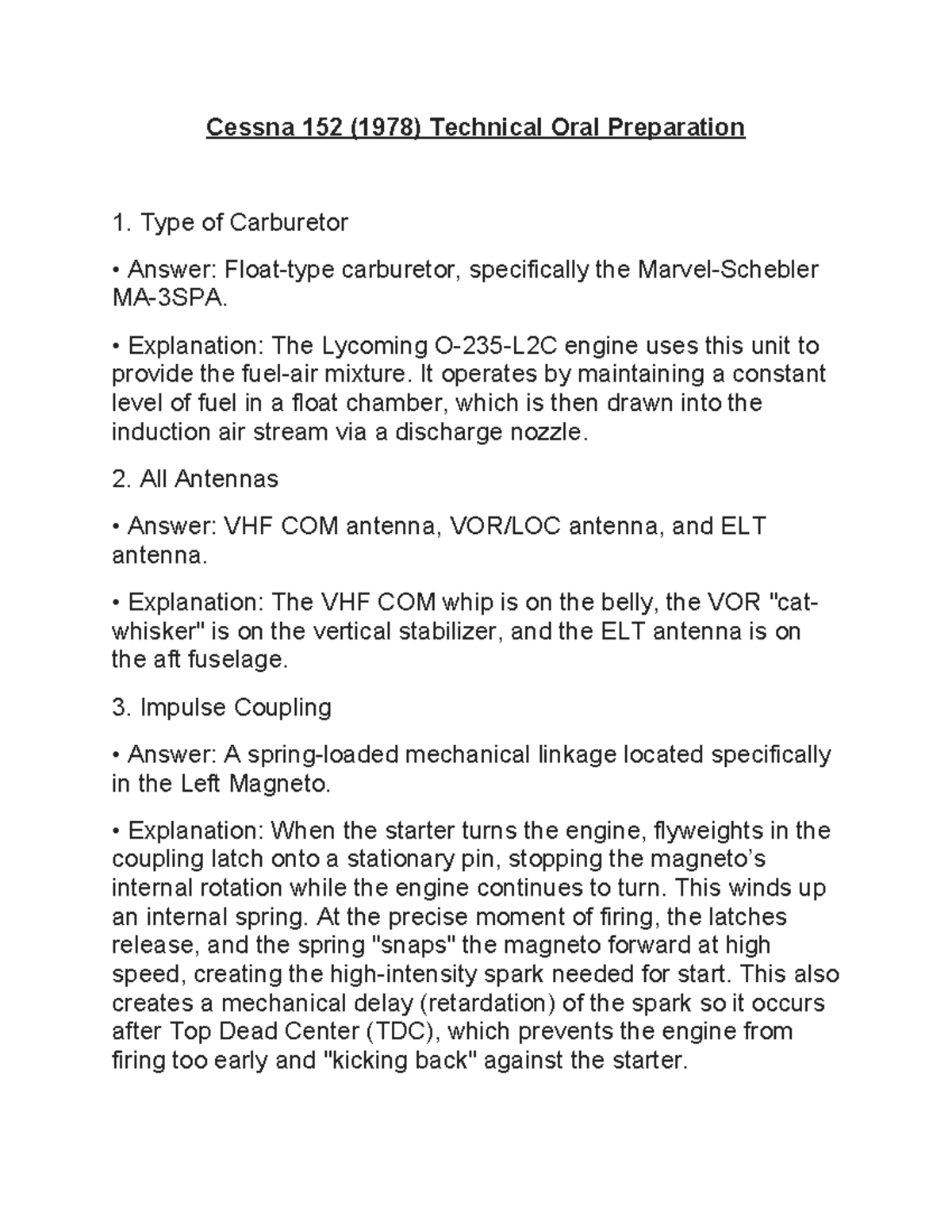 Cessna 152 (1978) Technical Oral Prep: Key Systems & Components - Studocu