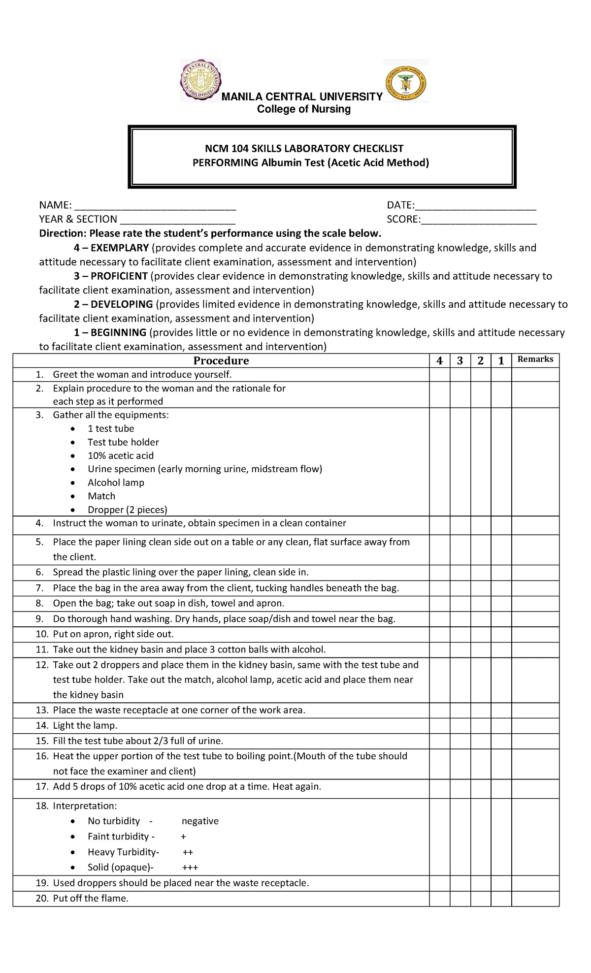 NCM 103 Bedmaking Skills Lab Checklist - Occupied Bed Technique - Studocu
