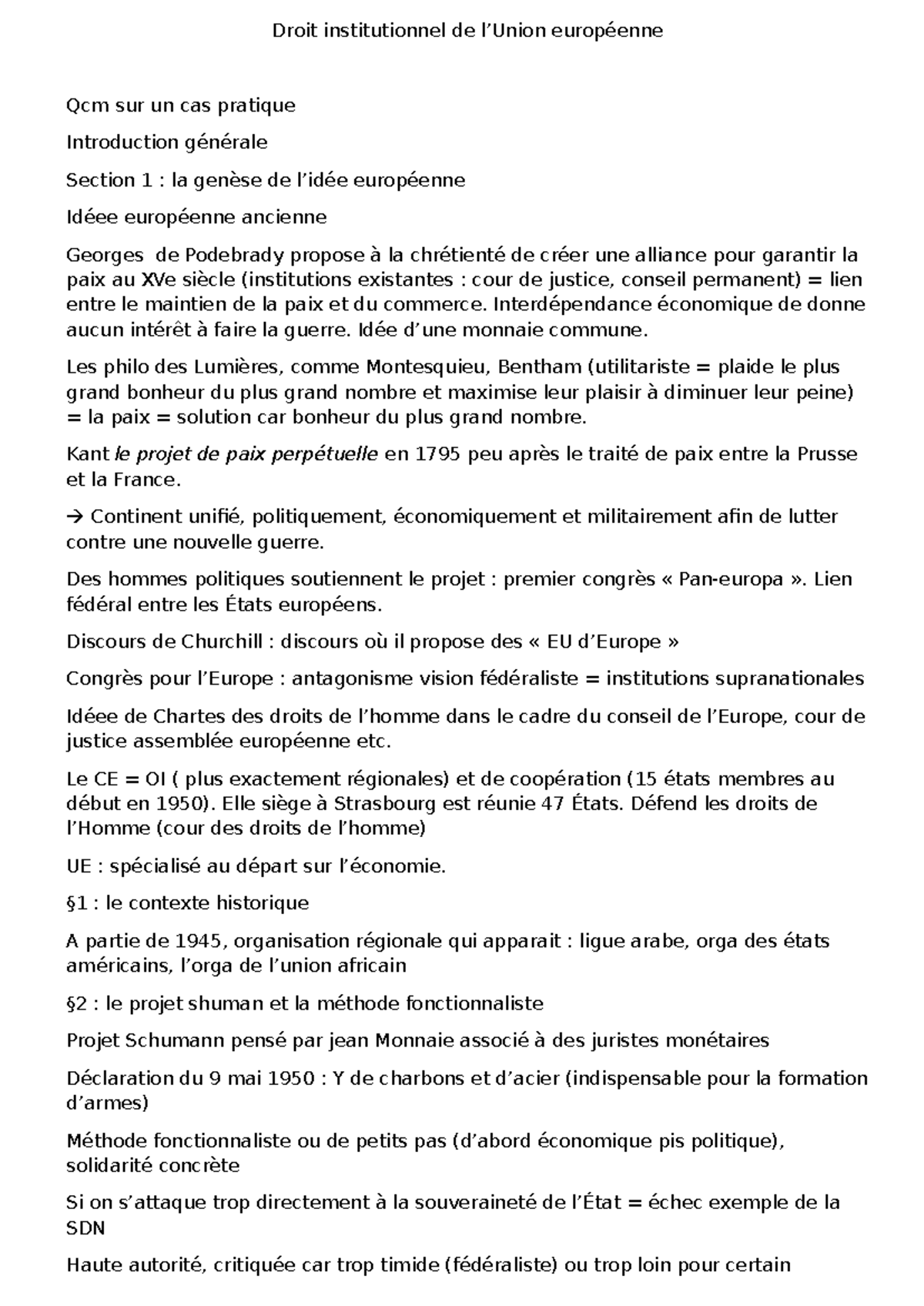 Droit Institutionnel Européen - QCM sur Cas Pratique et Histoire - Studocu