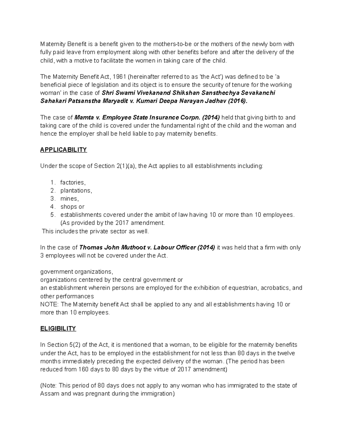 Maternity Benefits Act: Key Notes and Legal Insights - Studocu