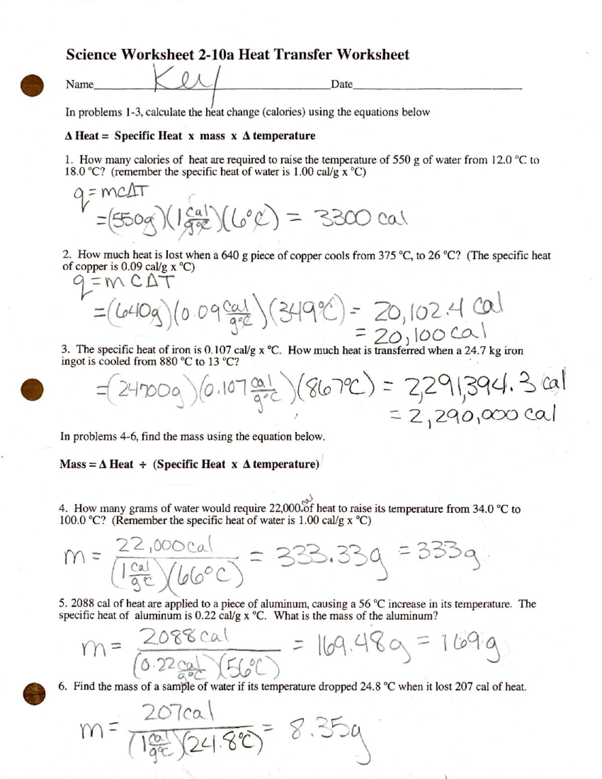 Specific heat key - answers for the home work - Science Worksheet Heat ...