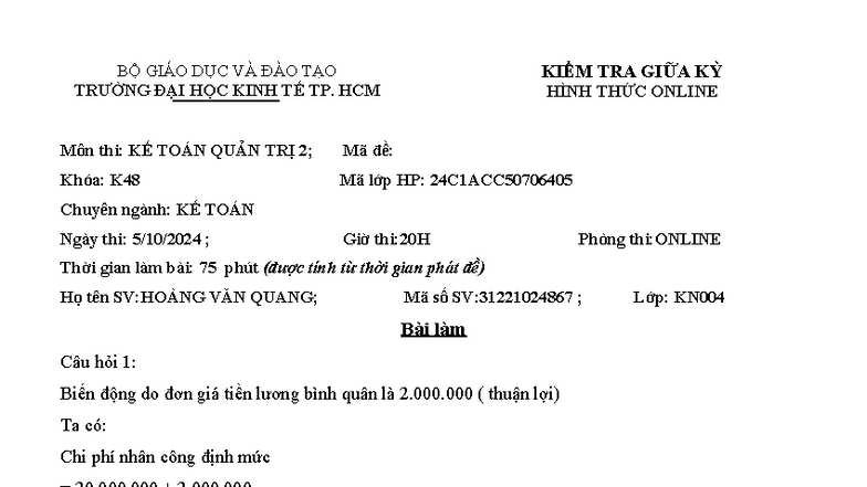 KIỂM TRA GIỮA KỲ KẾ TOÁN QUẢN TRỊ K48 - Mã lớp 24C1ACC50706405 - Studocu